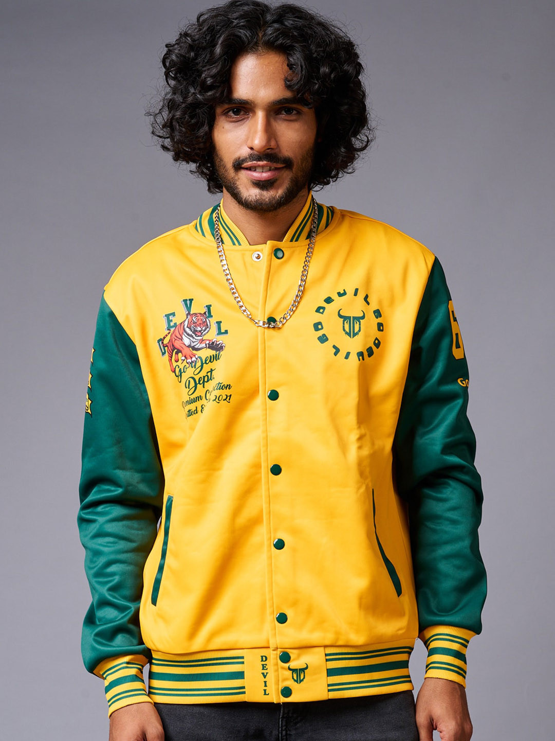 Buy GO DEVIL Typography Printed Cotton Varsity Jacket With Zip Detail ...