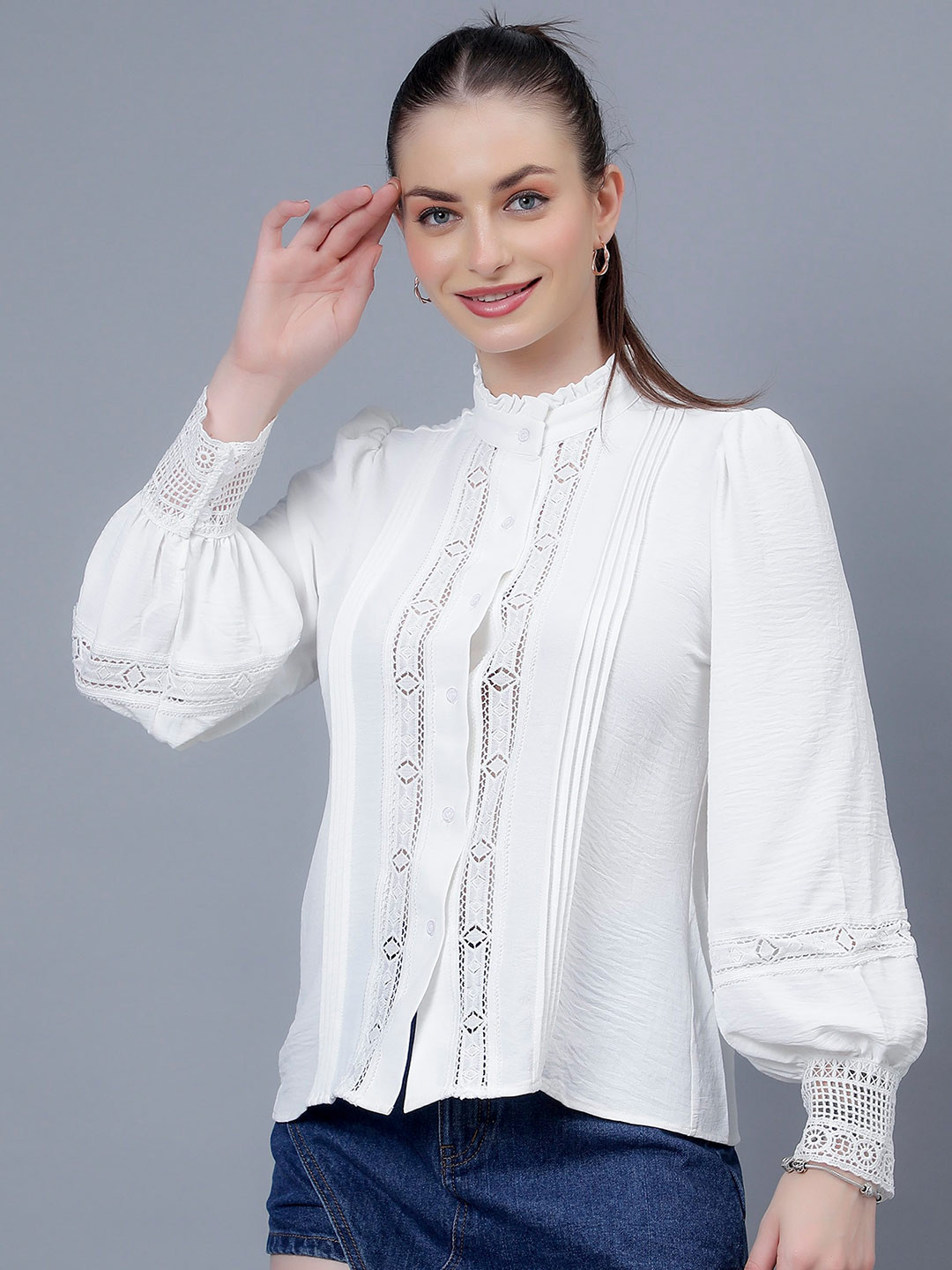 Buy Steele Band Collar Cuffed Sleeves Lace Inserts Shirt Style Top ...