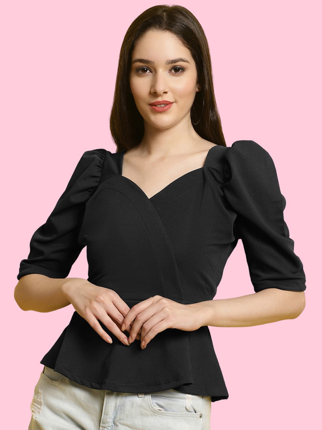 Buy Fabflee Sweetheart Neck Puff Sleeve Peplum Top Tops For Women