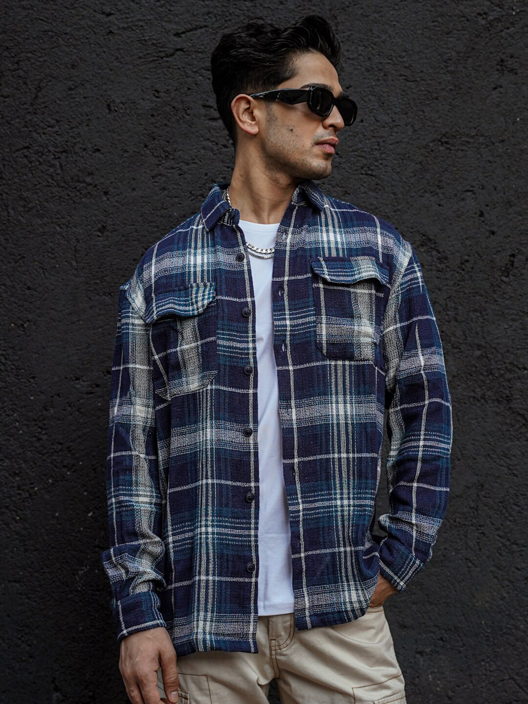 Buy Powerlook Navy Blue India Slim Tartan Checked Pure Cotton Oversized ...