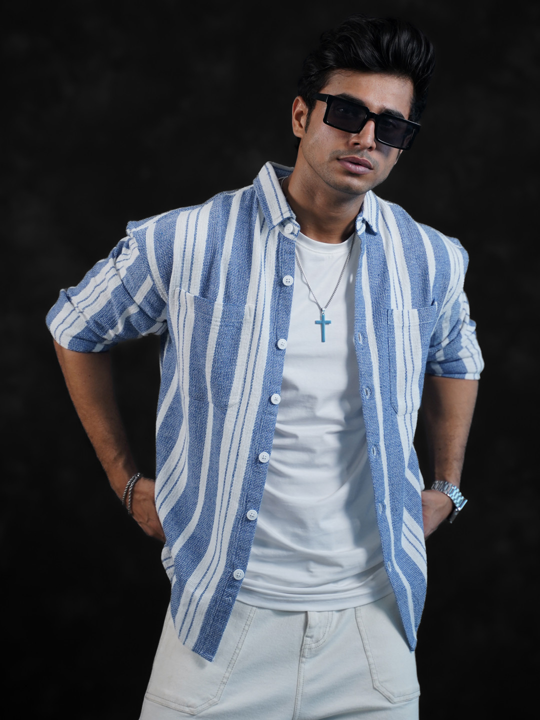 Buy Powerlook Blue Oversized India Slim Fit Vertical Striped Casual ...