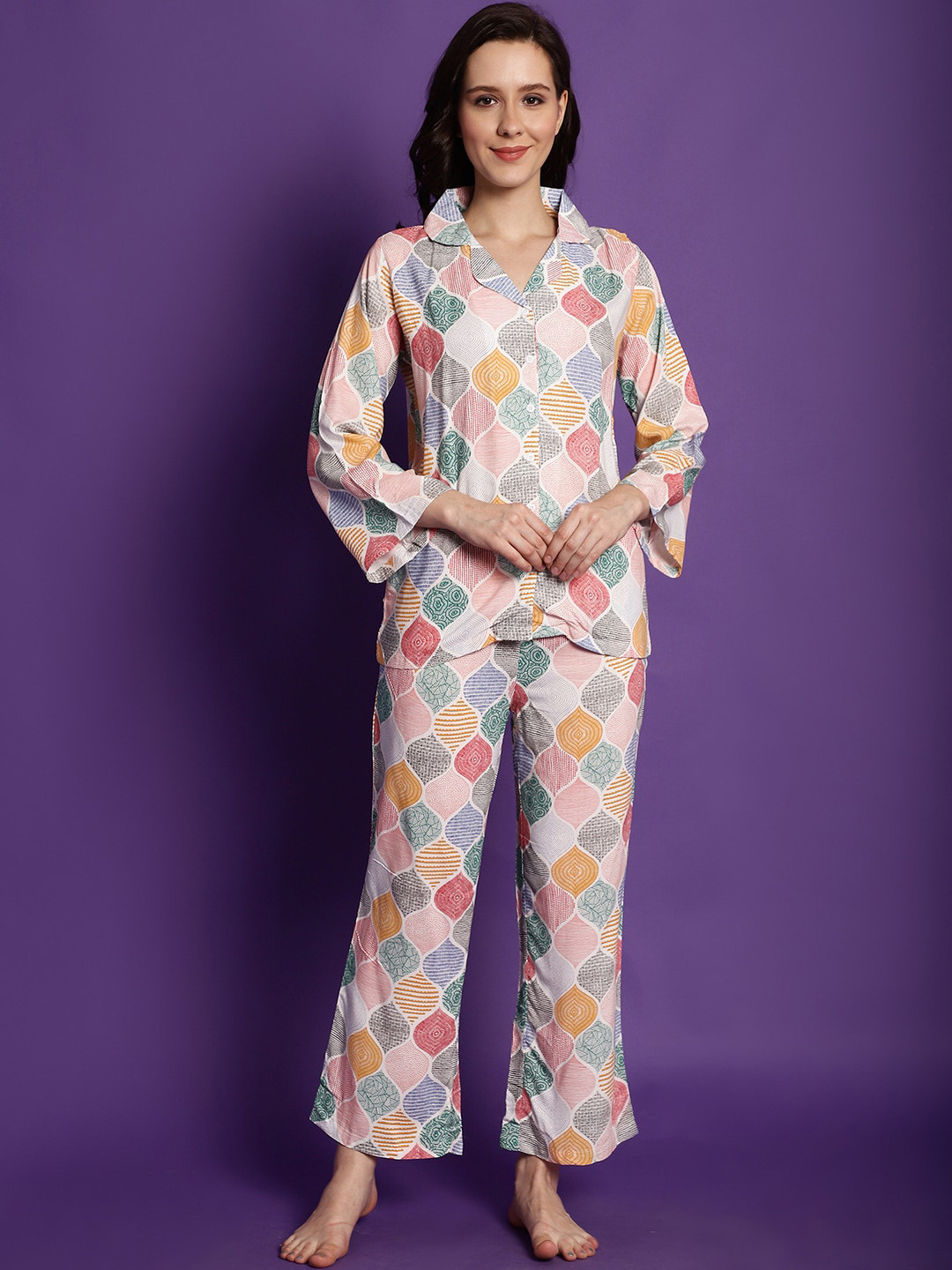 Buy Claura Geometric Printed Shirt With Pyjamas - Night Suits for Women ...