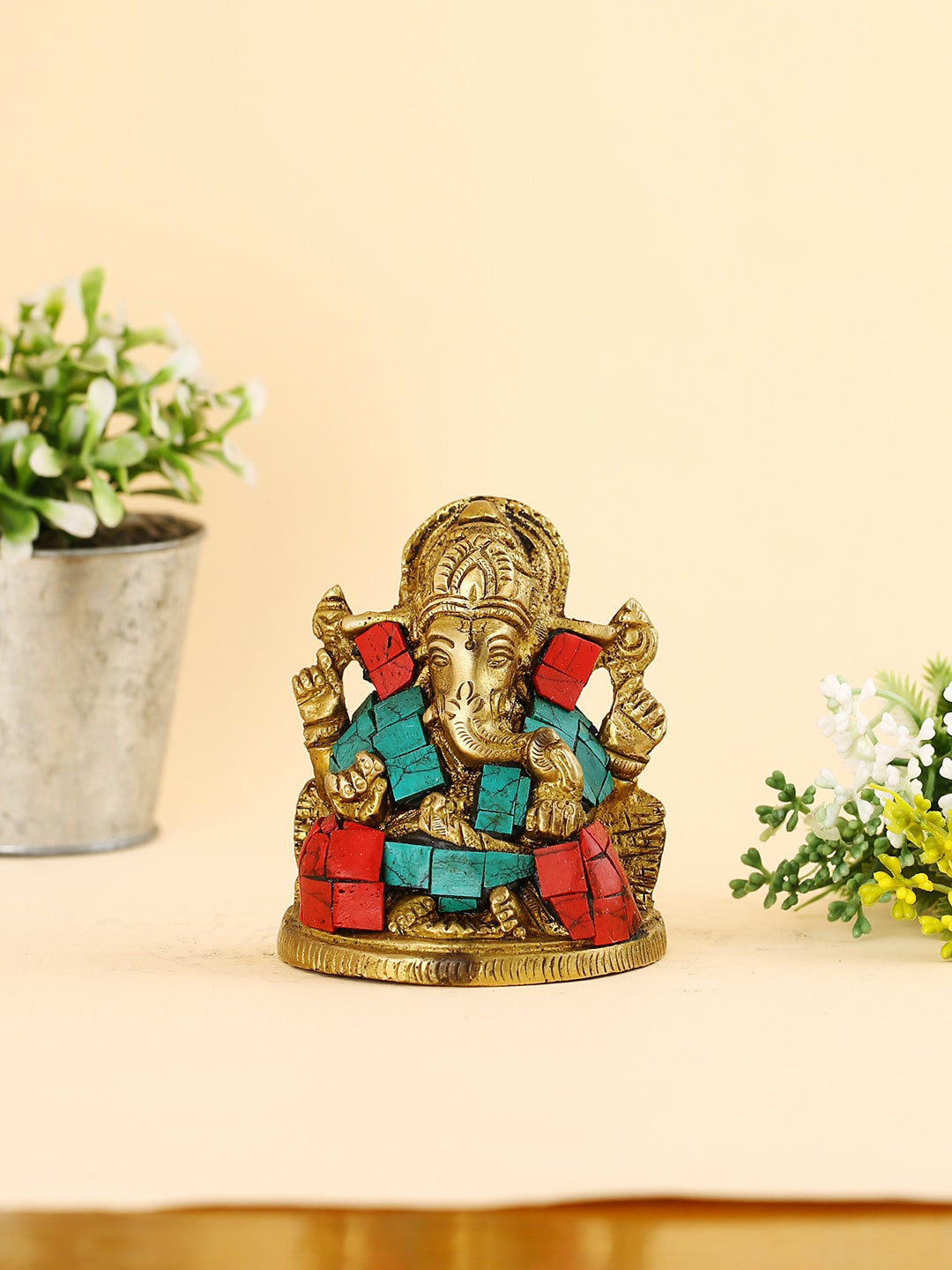 Buy CraftVatika Golden & Red Lotus Ganesha Idol Brass Showpiece ...