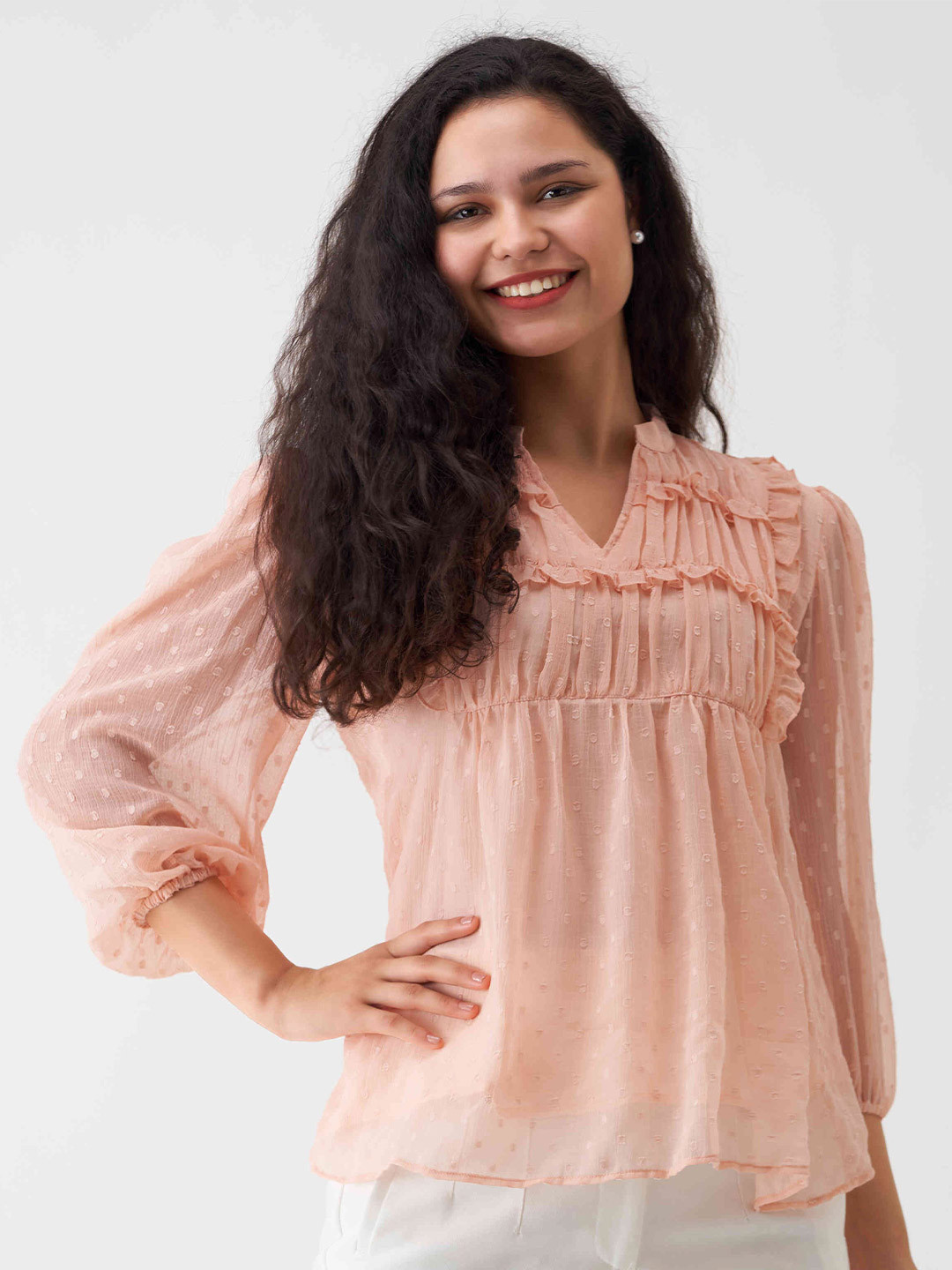 Buy AASK Self Design Puff Sleeves Pleated A Line Top - Tops for Women ...