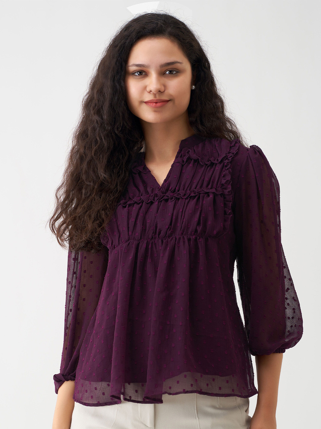 Buy AASK Self Design Mandarin Collar Puff Sleeve Pleated A Line Top ...