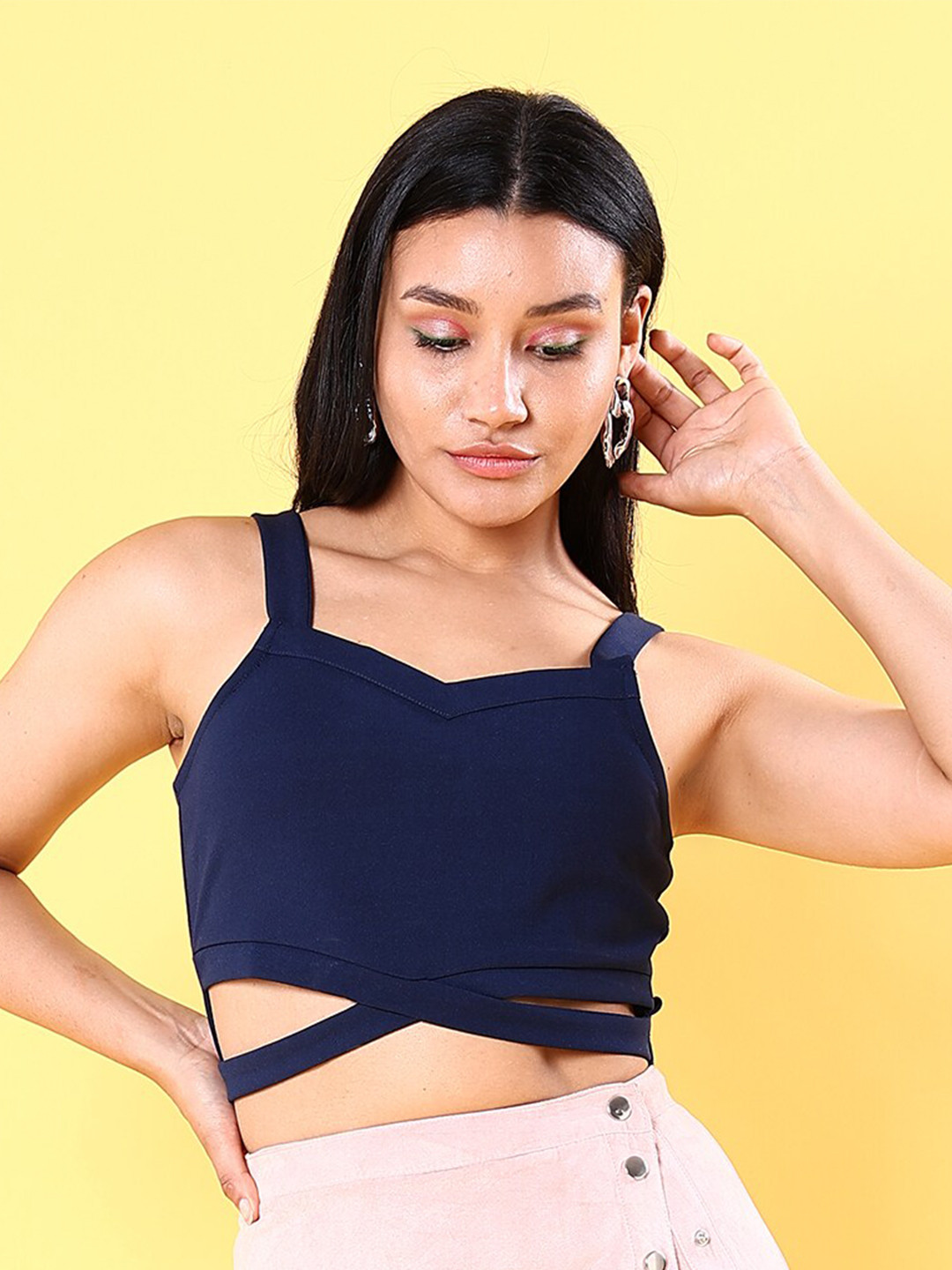 Buy Freehand By The Indian Garage Co Navy Blue Shoulder Straps Crop Top ...
