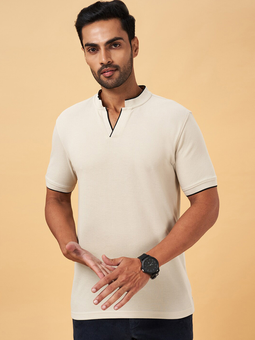 Buy BYFORD By Pantaloons Mandarin Collar Slim Fit Cotton T Shirt ...