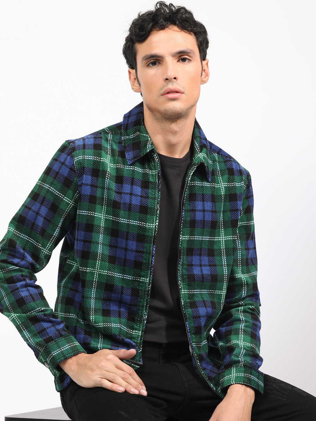 Buy RARE RABBIT Men Marino Checked Spread Collar Cotton Shacket ...