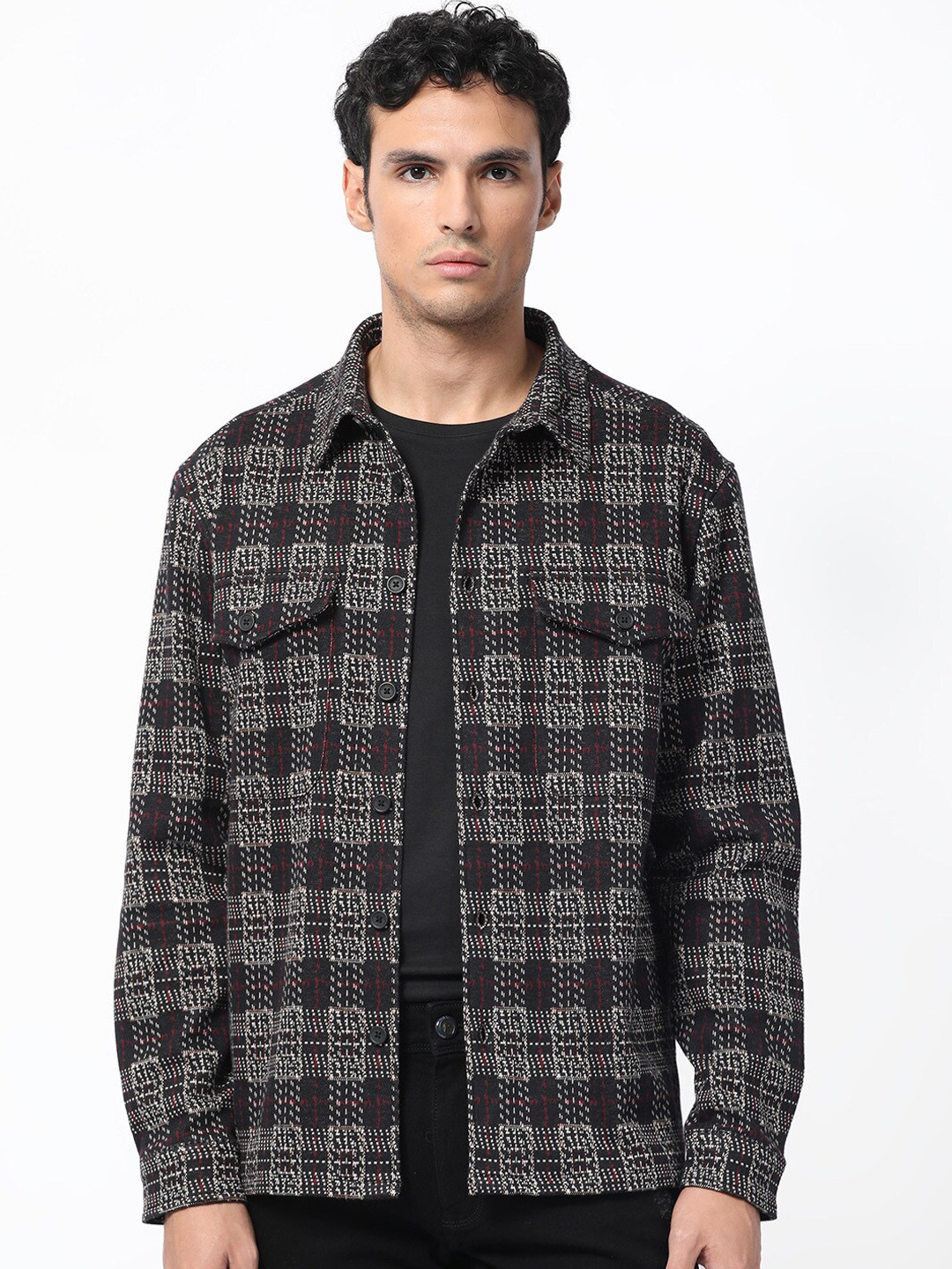 Buy RARE RABBIT Men Torija Checked Spread Collar Cotton Shacket ...