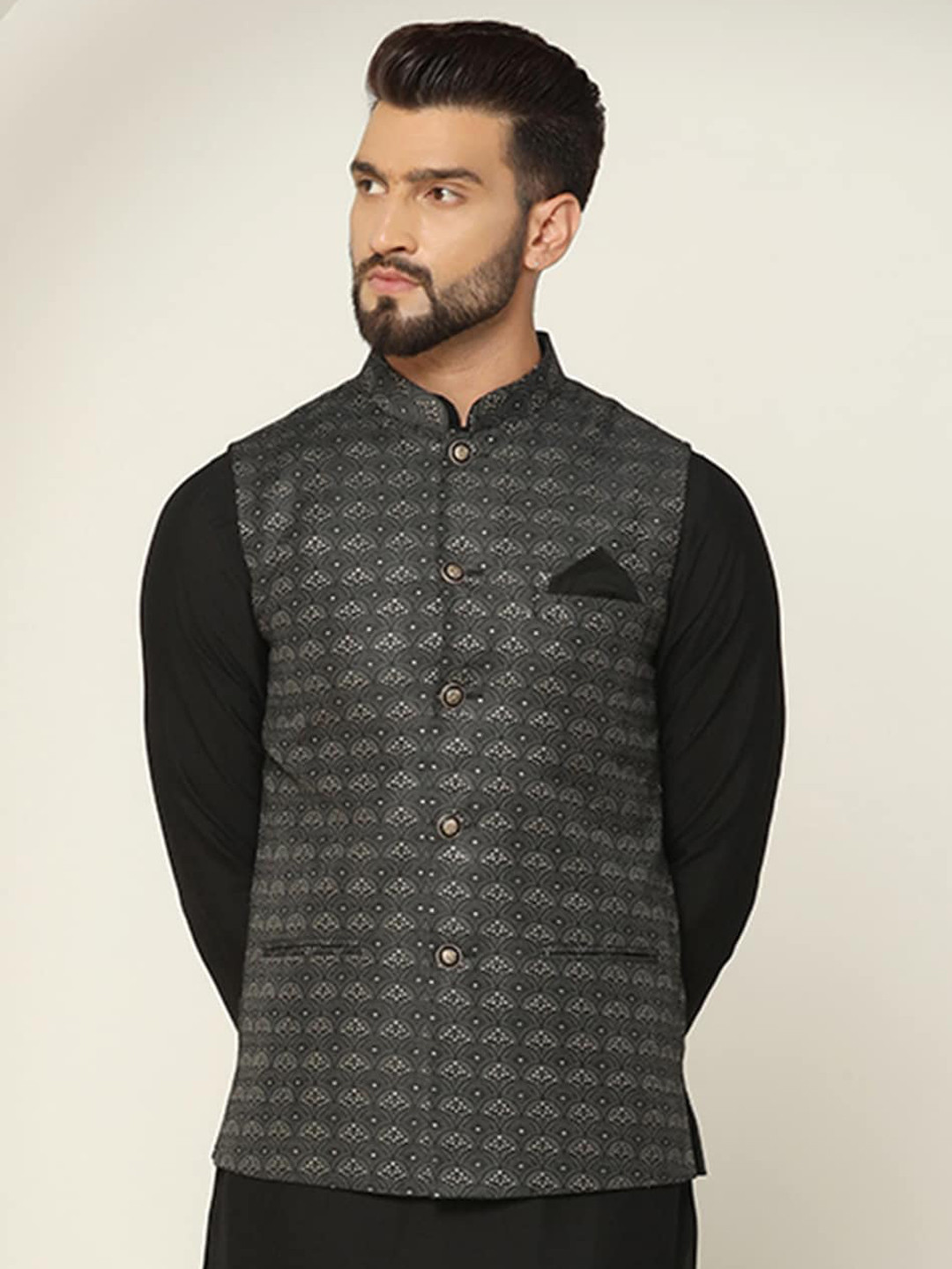 Buy KISAH Men Woven Jacquard Regular Fit Geometric Pattern Nehru Jacket ...
