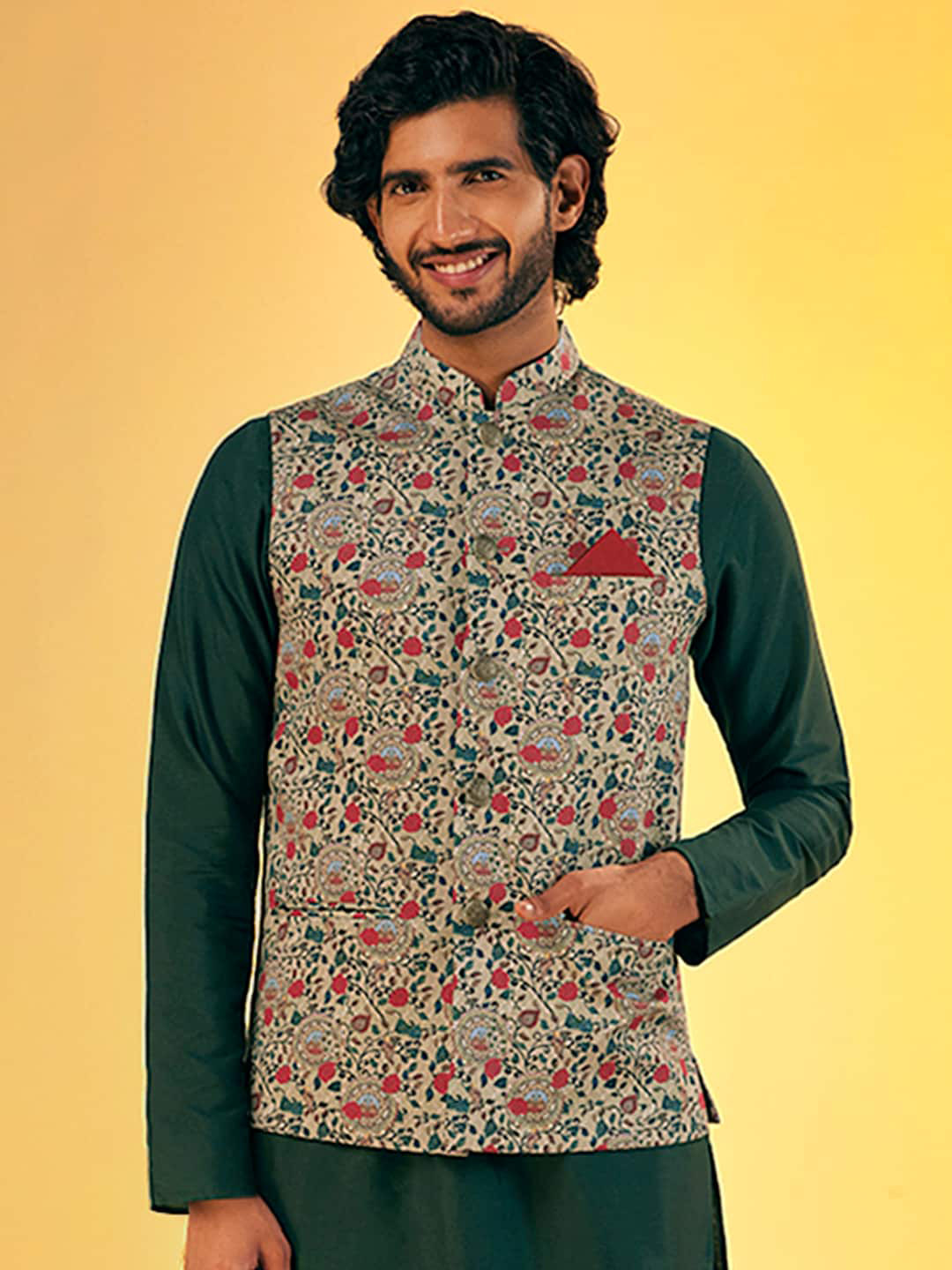 Buy KISAH Printed Nehru Jacket With Pocket Square - Nehru Jackets for ...