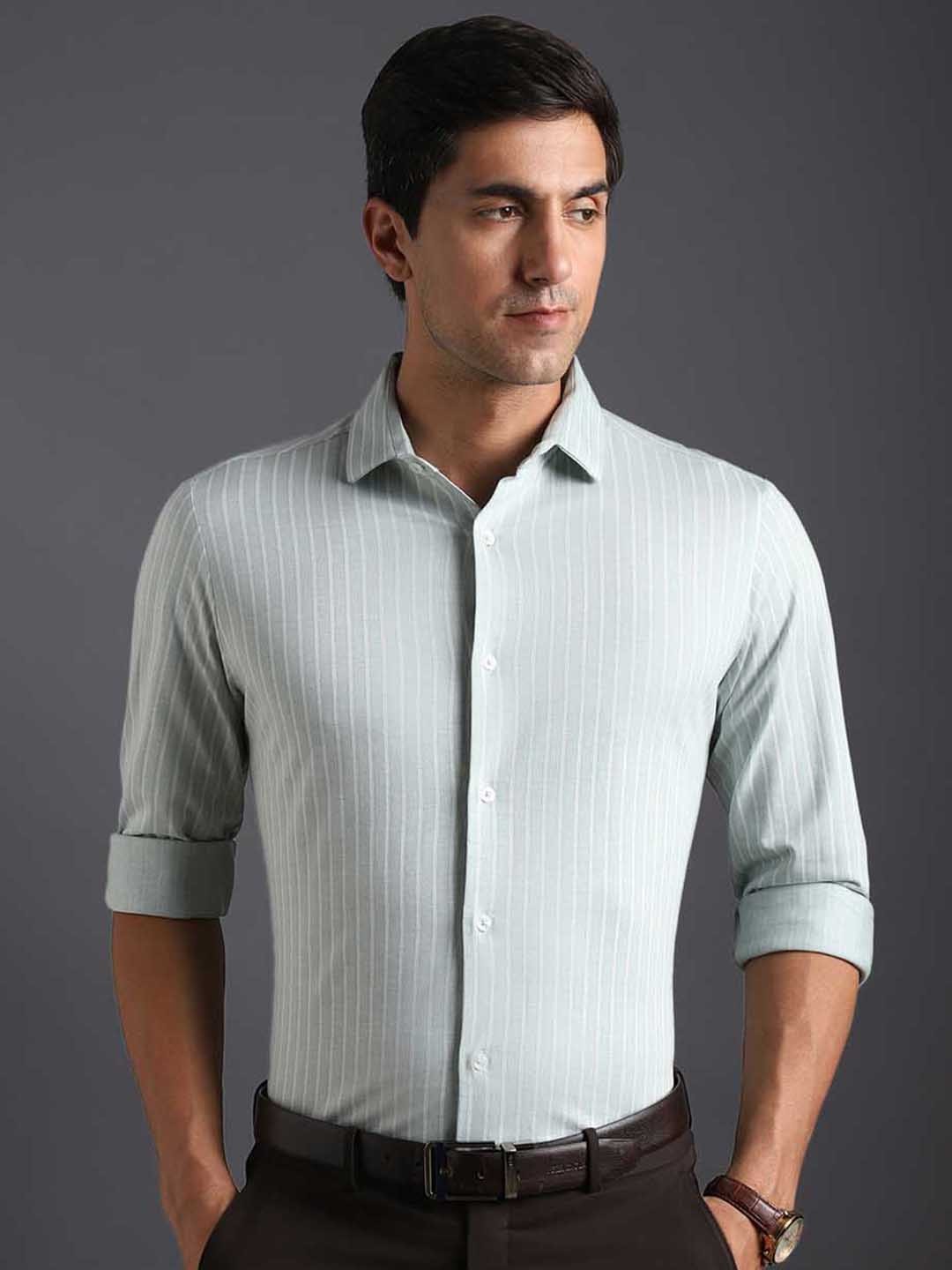 Buy Bergamo Pure Cotton Vertical Striped Slim Fit Knitted Formal Shirt ...