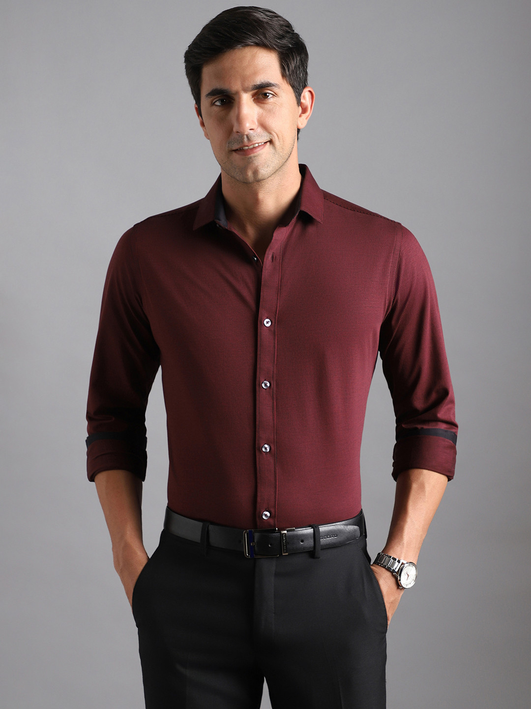 Buy Bergamo Slim Fit Textured Pure Cotton Knitted Formal Shirt - Shirts ...