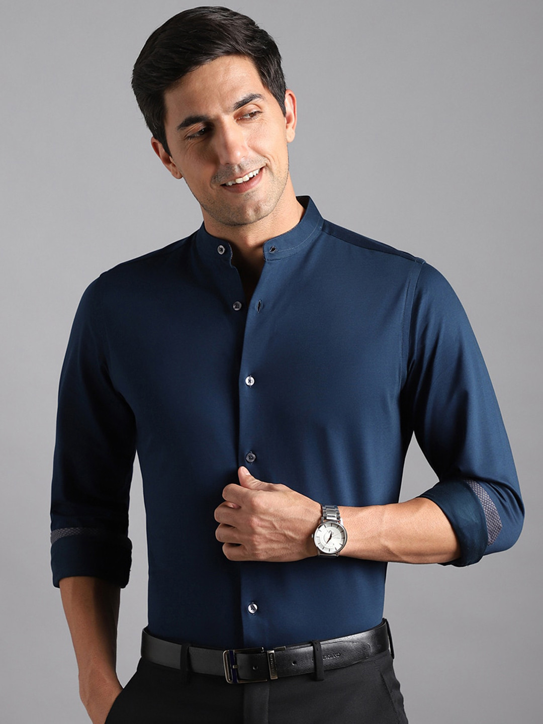 Buy Bergamo Slim Fit Band Collar Pure Cotton Knitted Formal Shirt ...