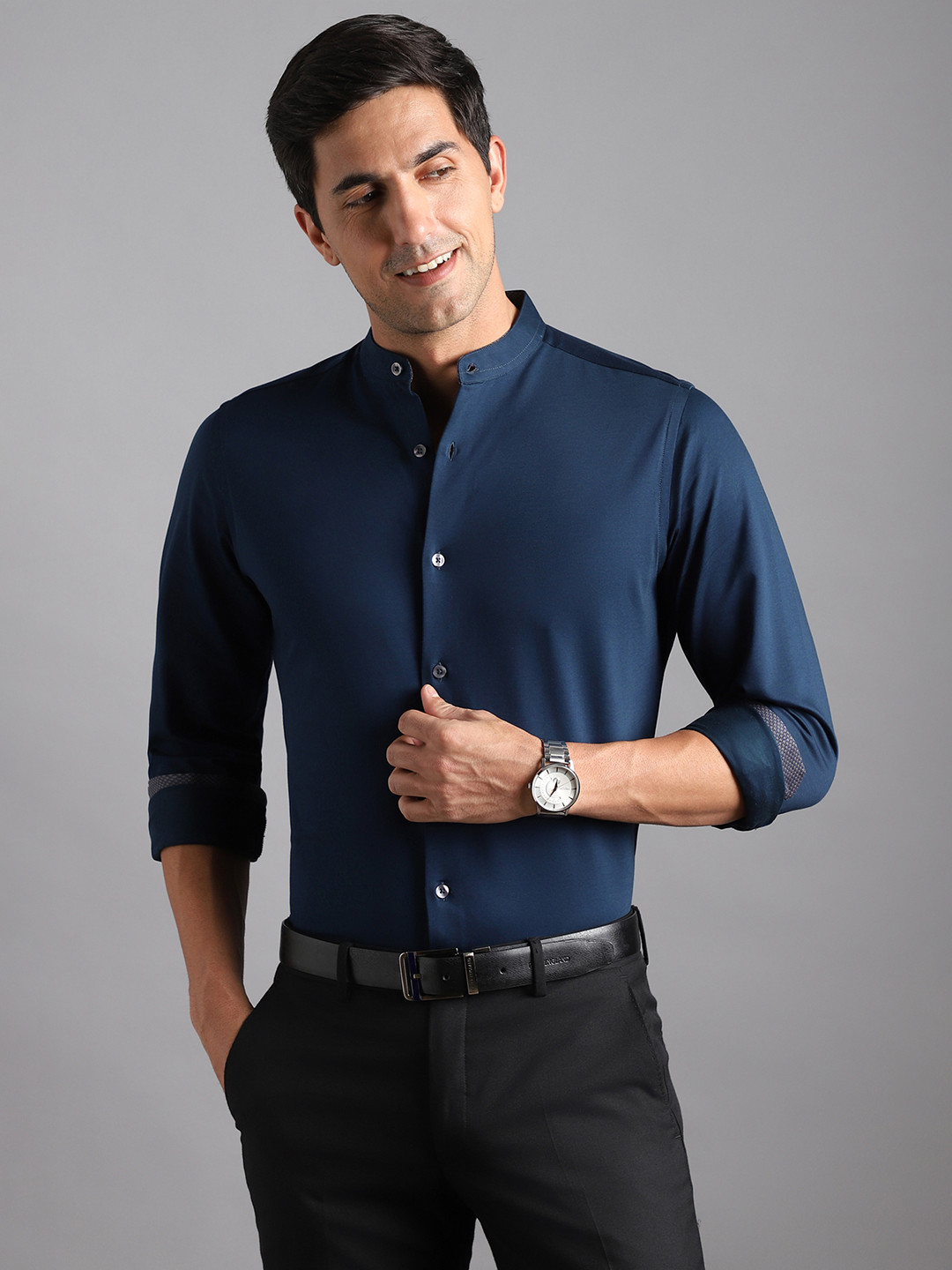 Buy Bergamo Slim Fit Band Collar Pure Cotton Knitted Formal Shirt ...