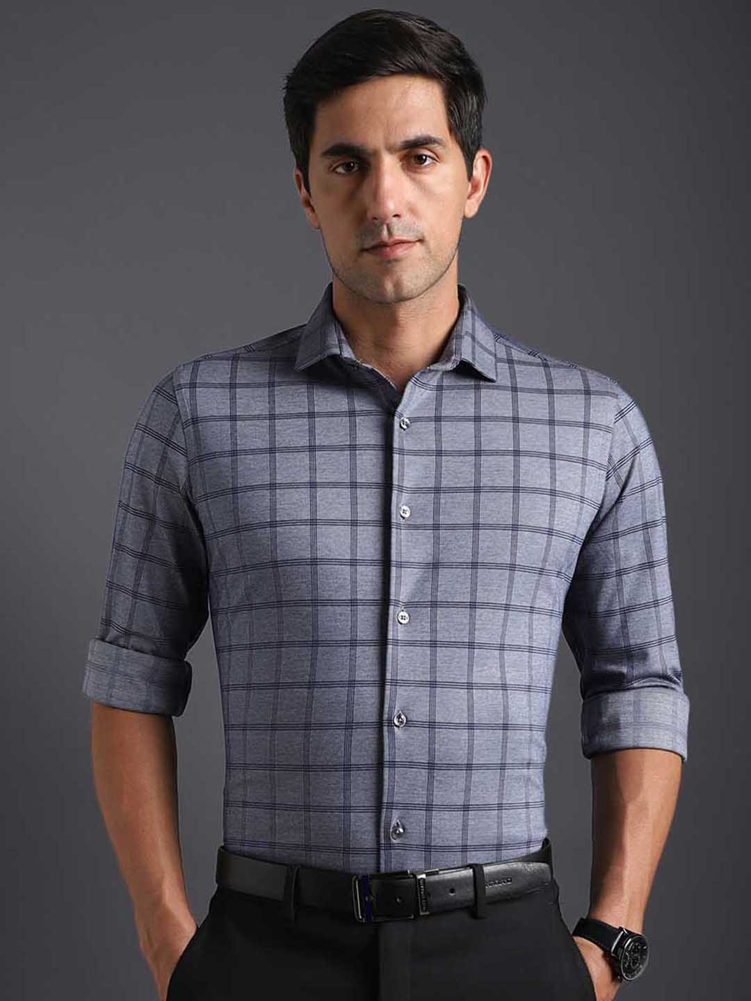 Buy Bergamo Slim Fit Windowpane Checked Knitted Formal Shirt - Shirts ...