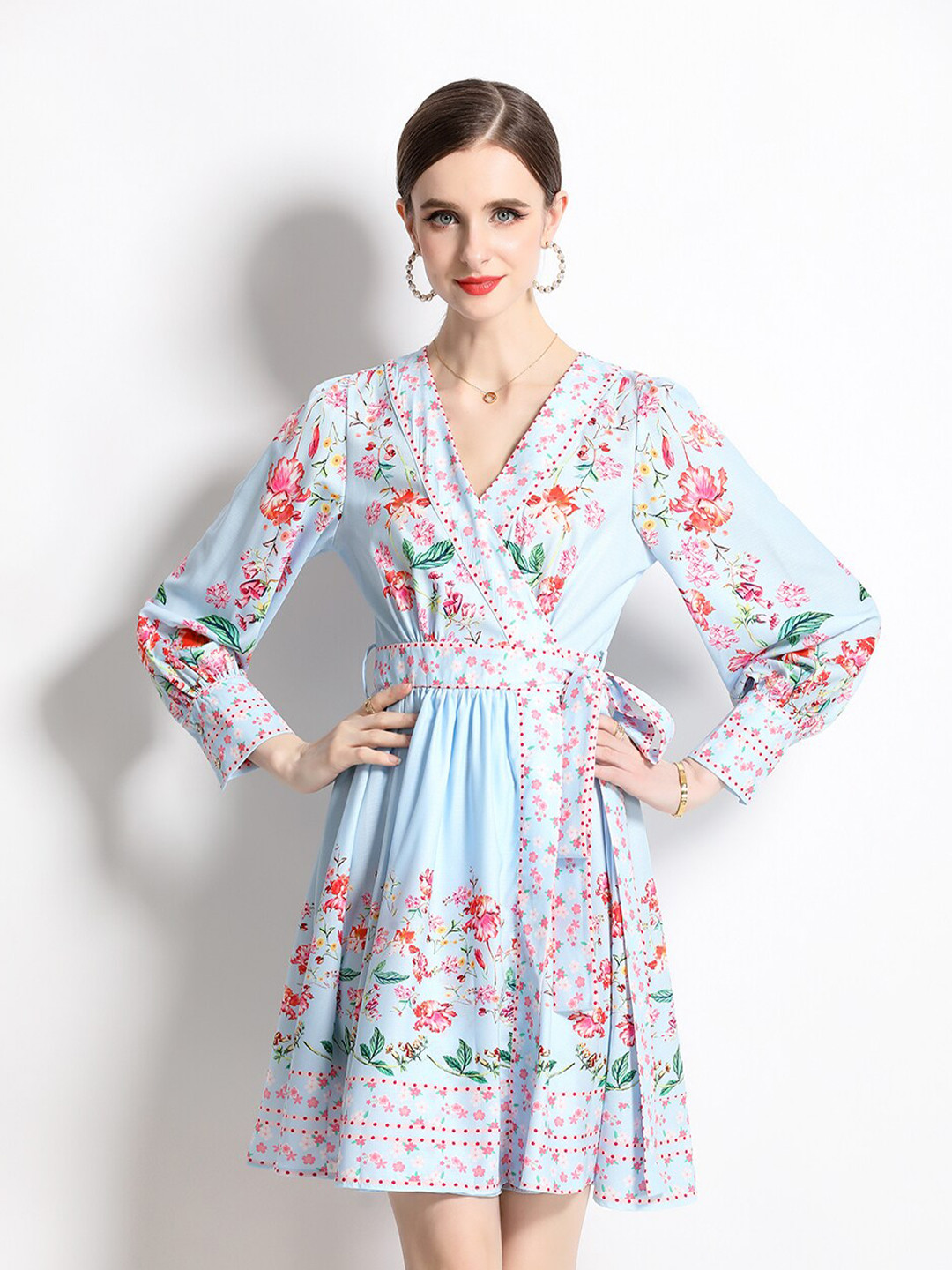 Buy JC Collection Floral Printed V Neck Cuffed Sleeves Gathered Fit ...