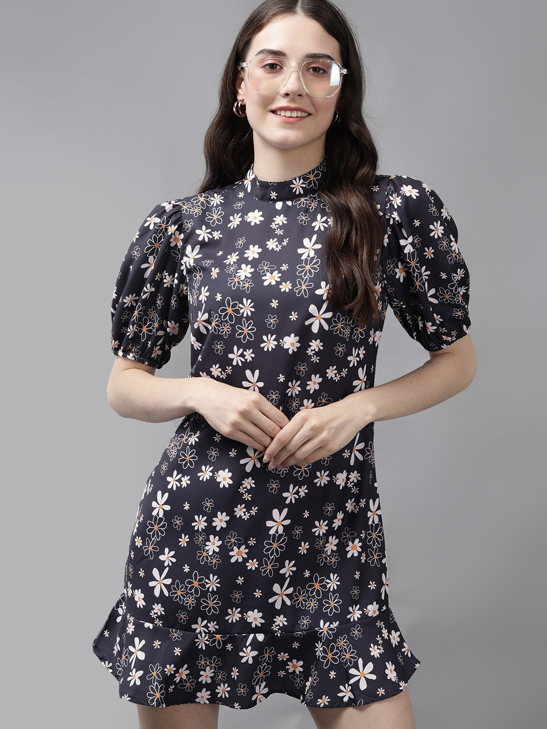 Buy Mast And Harbour Navy Blue Floral Printed Puff Sleeve Gathered Tiered