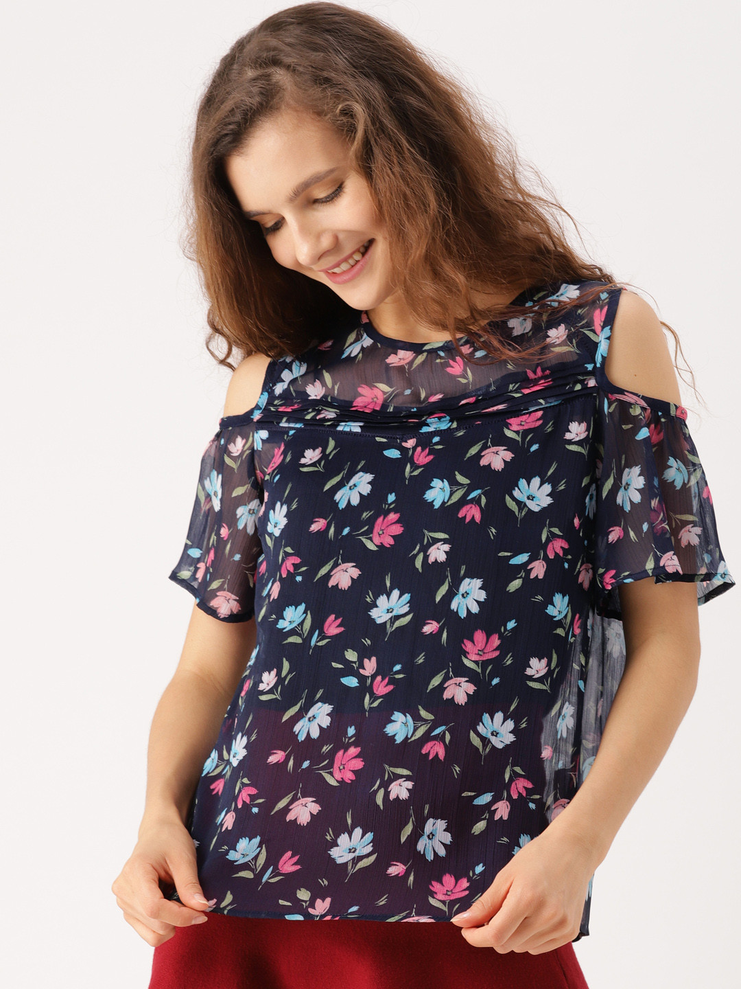 Buy DressBerry Women Navy Blue Printed Sheer Top - Tops for Women ...