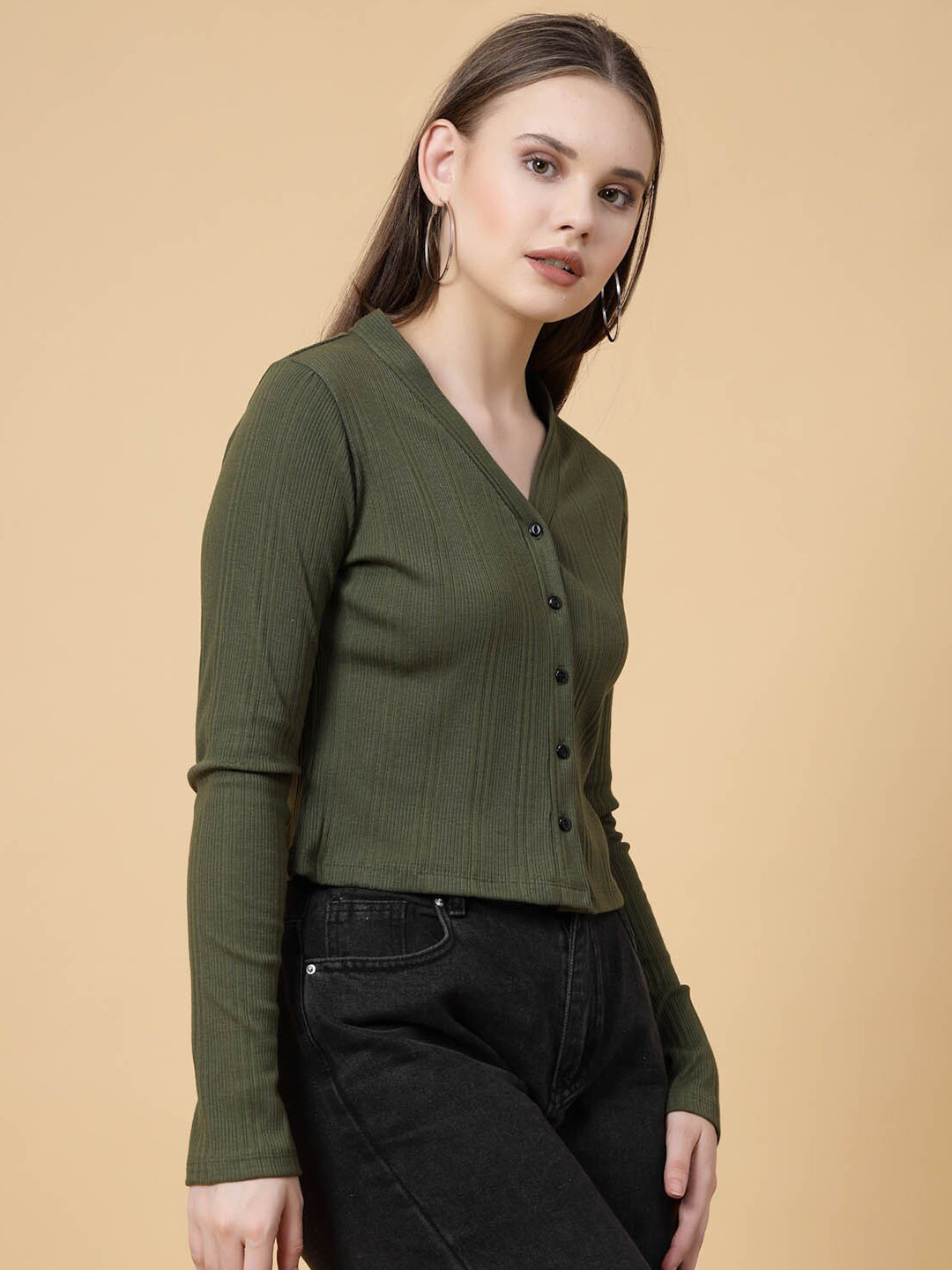 Buy Rigo Self Design V Neck Long Sleeves Cotton Top - Tops for Women ...