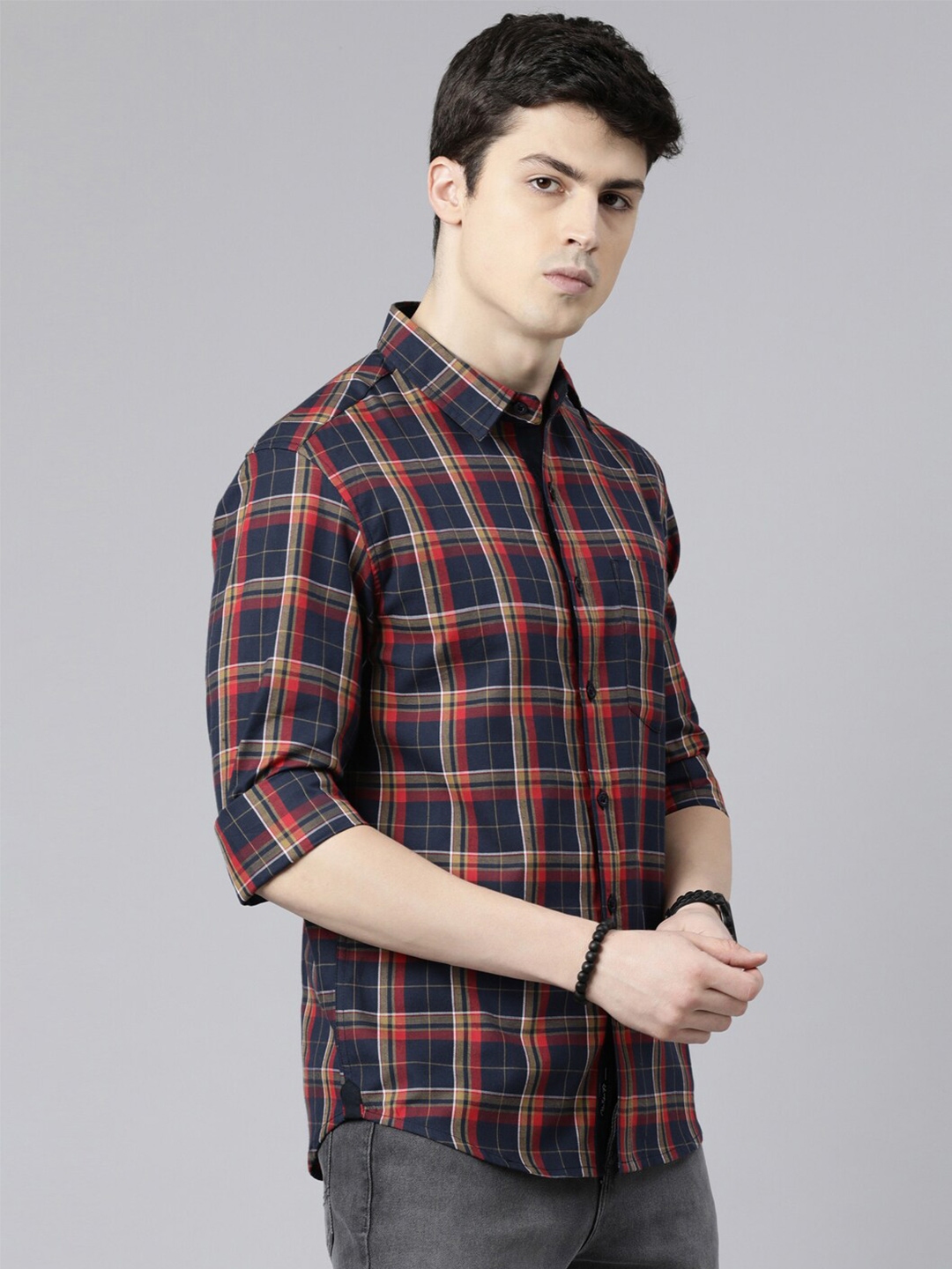 Buy Provogue Slim Fit Tartan Checks Spread Collar Long Sleeves Cotton