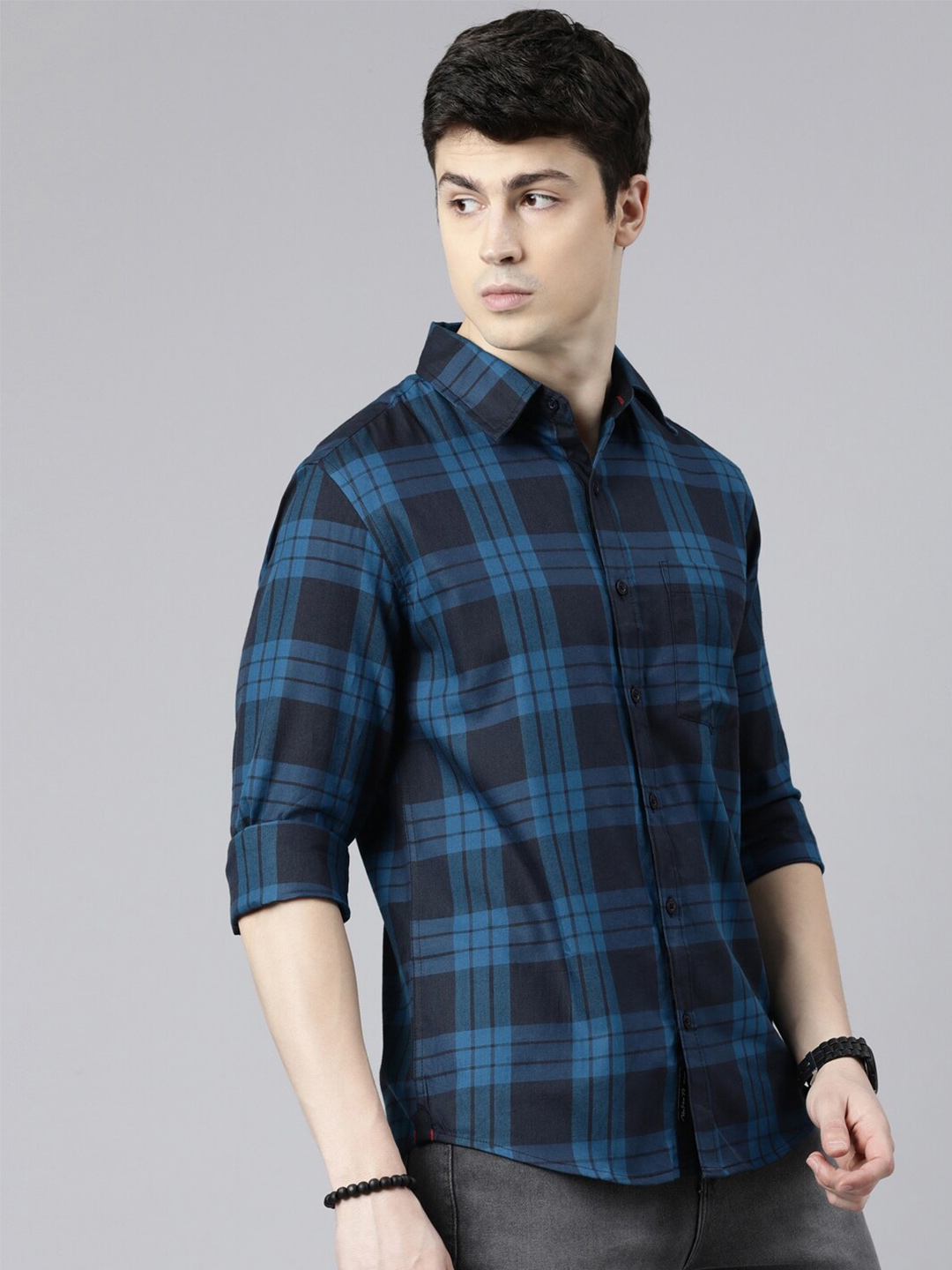 Buy Provogue Slim Fit Tartan Checks Spread Collar Long Sleeves Cotton