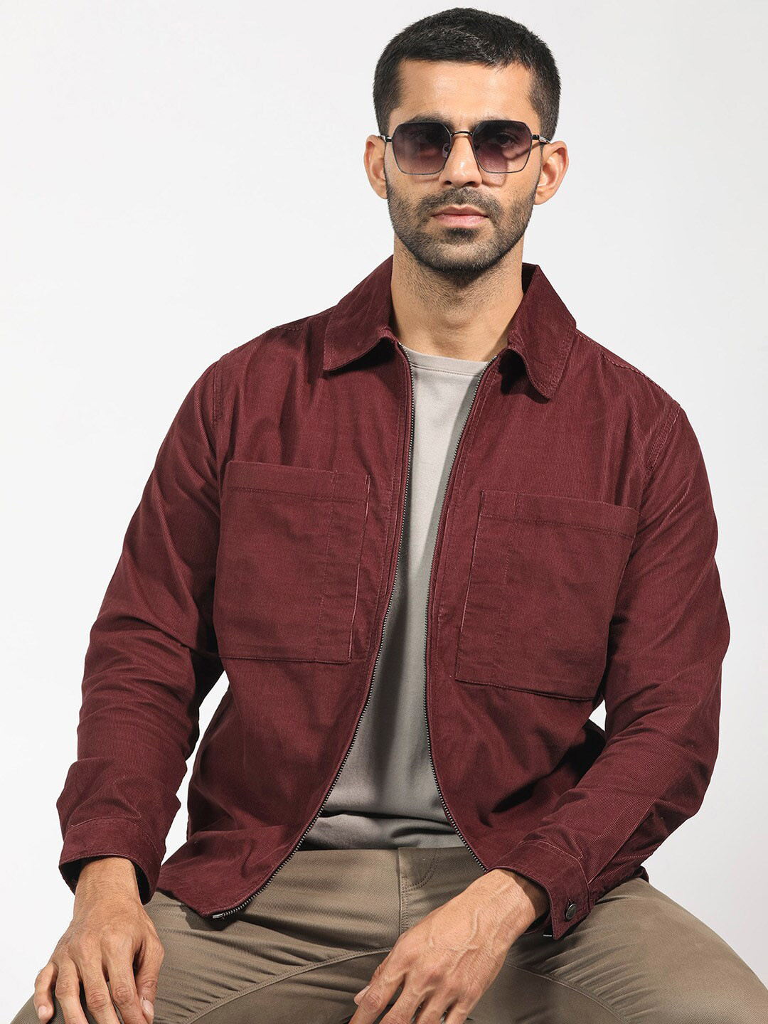 Buy RARE RABBIT Men Jilin Spread Collar Cotton Tailored Shacket ...