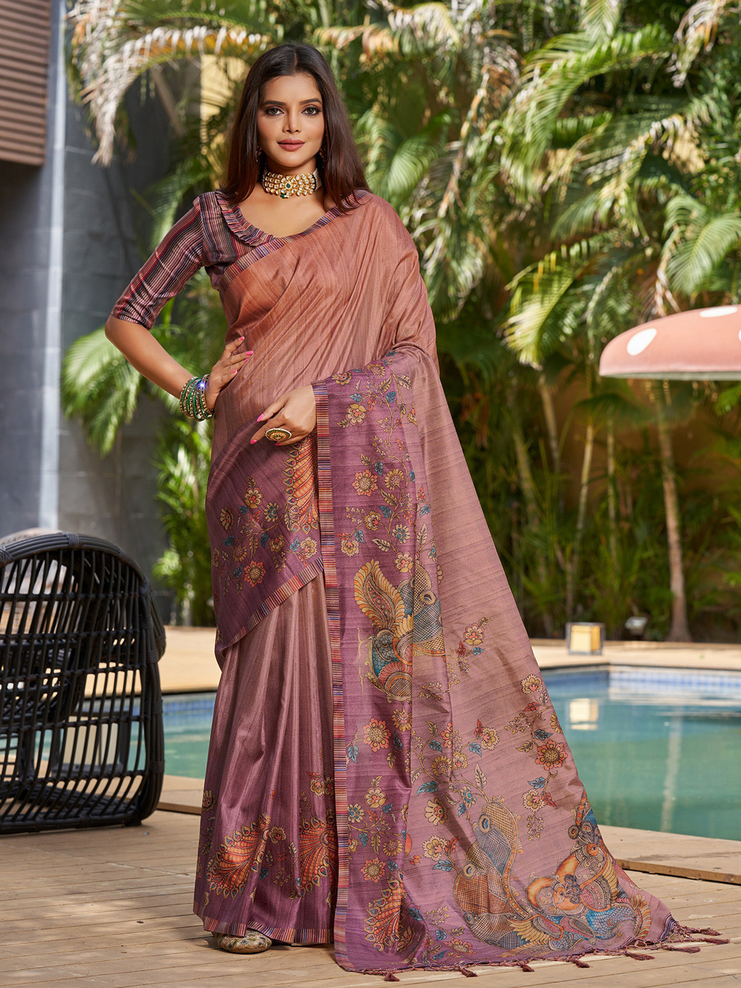 Buy Mitera Rust & Green Floral Printed Pure Silk Saree - Sarees for ...