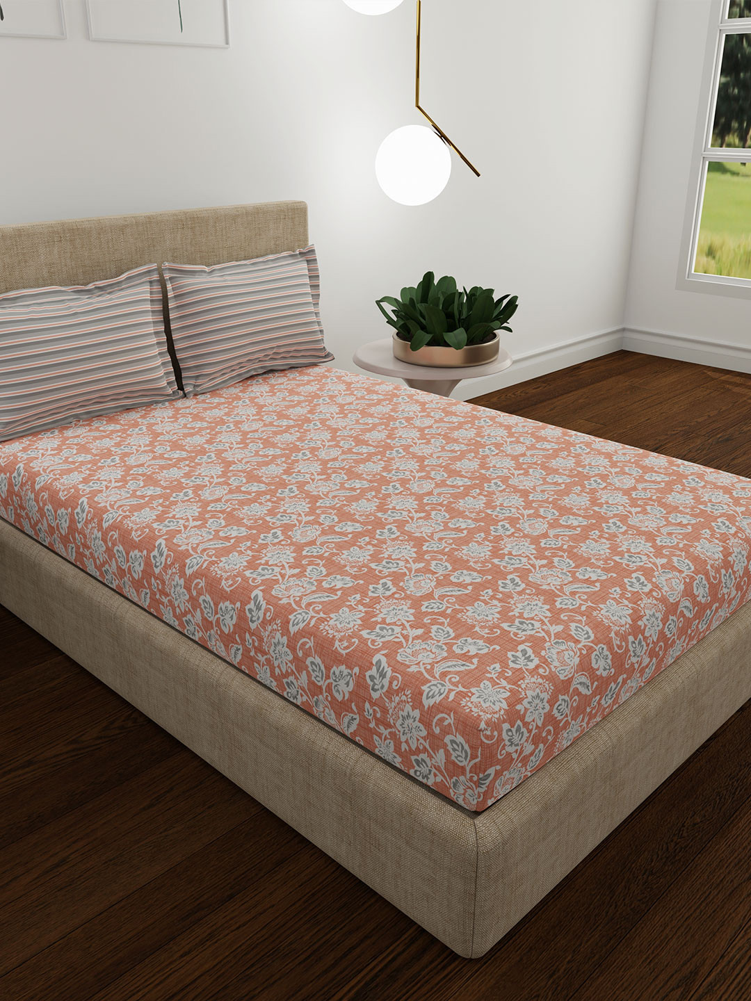 Buy MYTRIDENT Carol Coral UTSAV Flat 120TC Queen Cotton 1 Bedsheet With ...