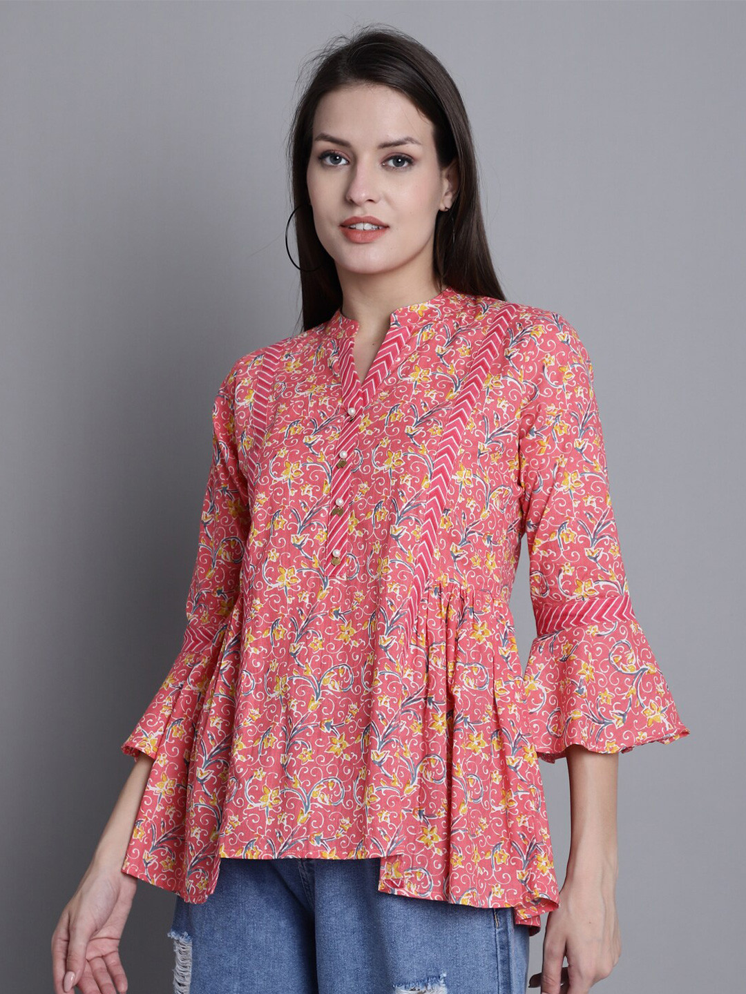 Buy Roly Poly Floral Printed Mandarin Collar Pure Cotton Top - Tops for ...