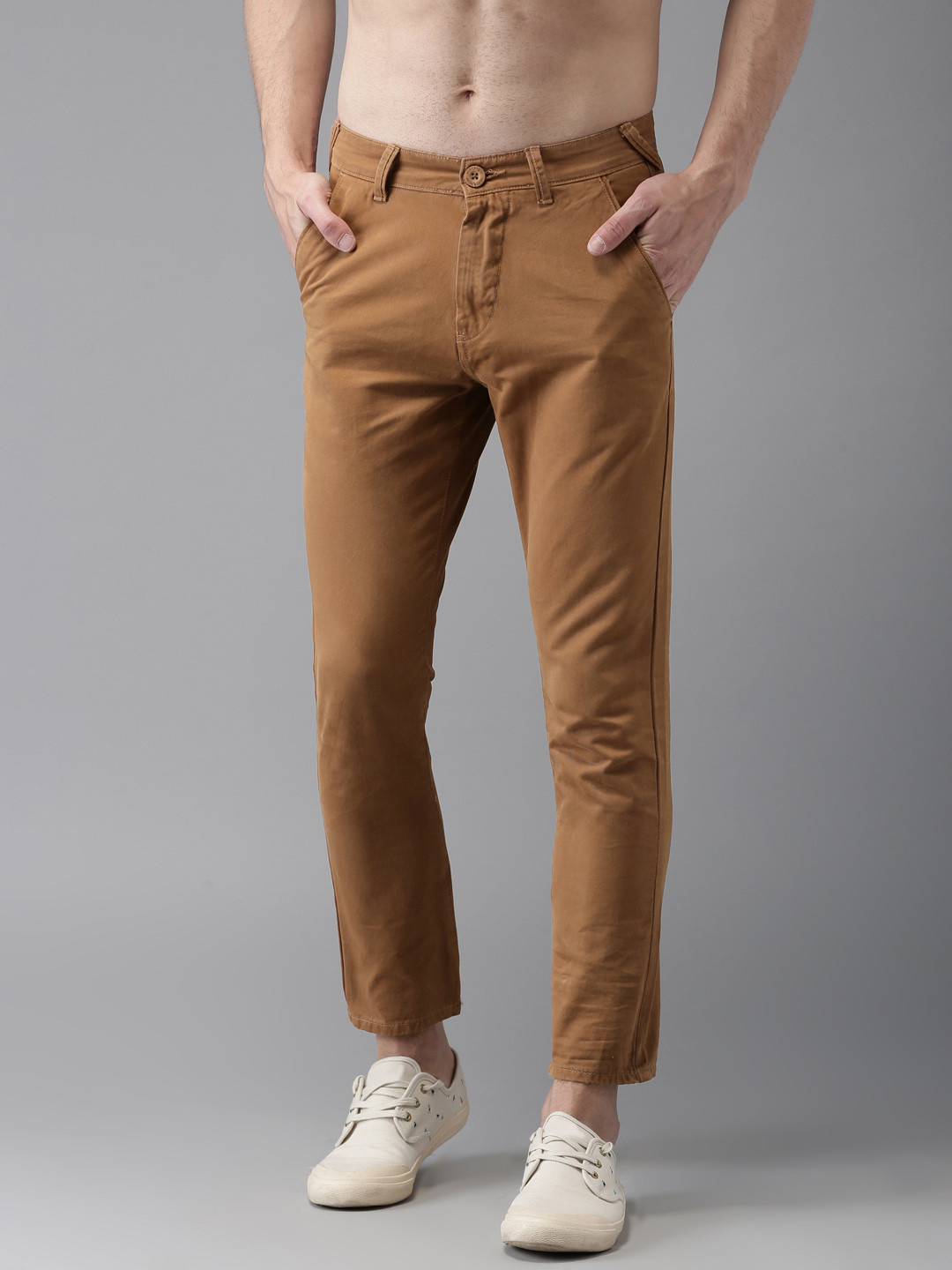 Buy HERE&NOW Men Brown Slim Fit Solid Cropped Chinos - Trousers for Men ...