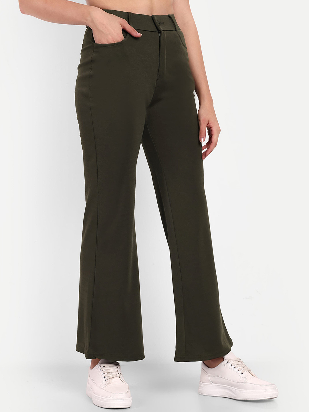 Buy BROADSTAR Women Smart Flared High Rise Easy Wash Bootcut Trouser ...