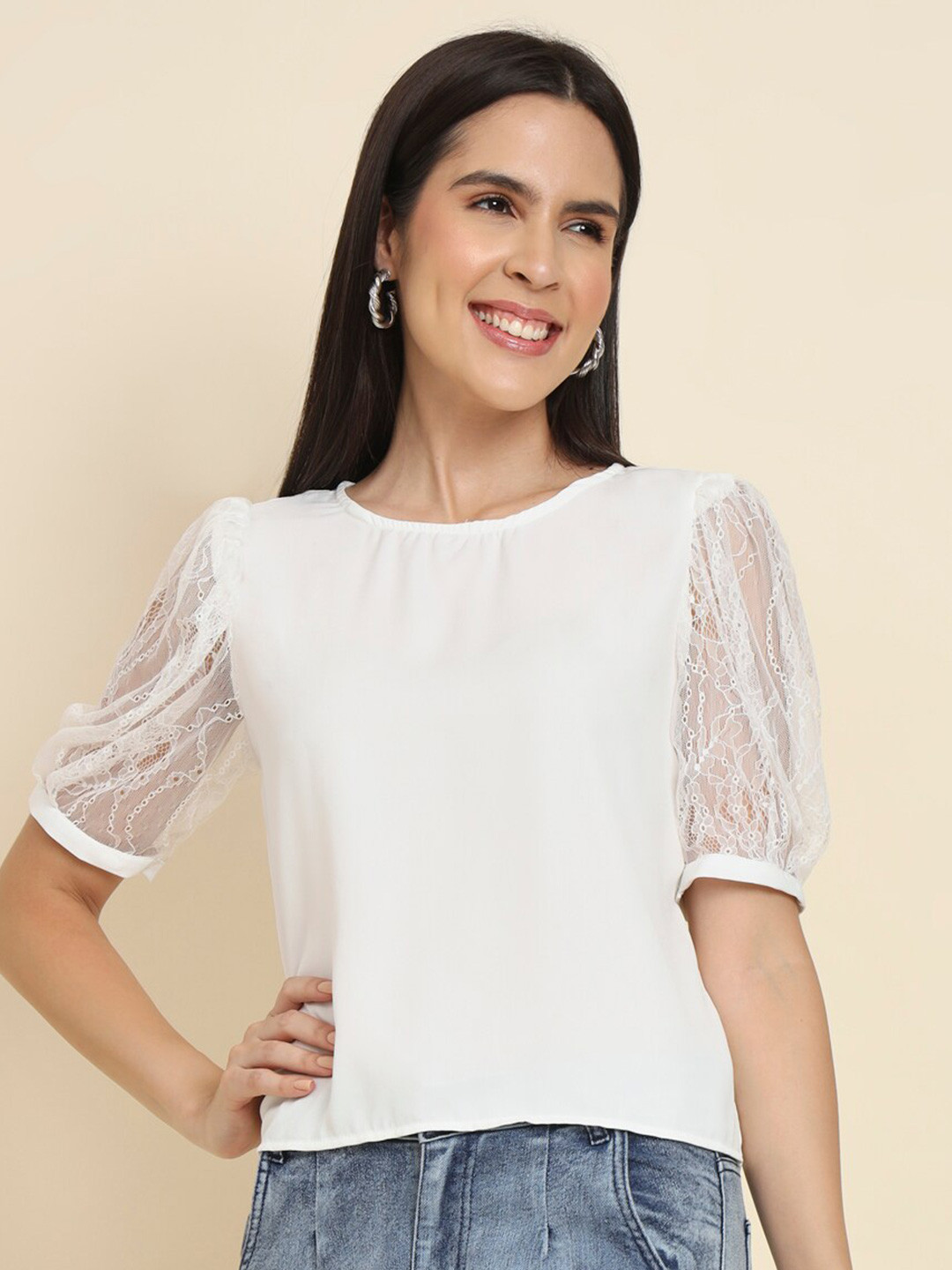 Buy HERE&NOW White Self Design Puff Sleeves Net Top - Tops for Girls ...