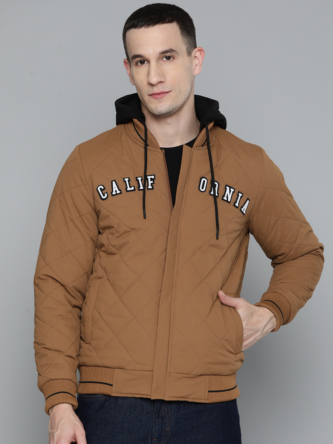 Buy Fort Collins Men Typography Quilted Jacket With Detachable Hood ...