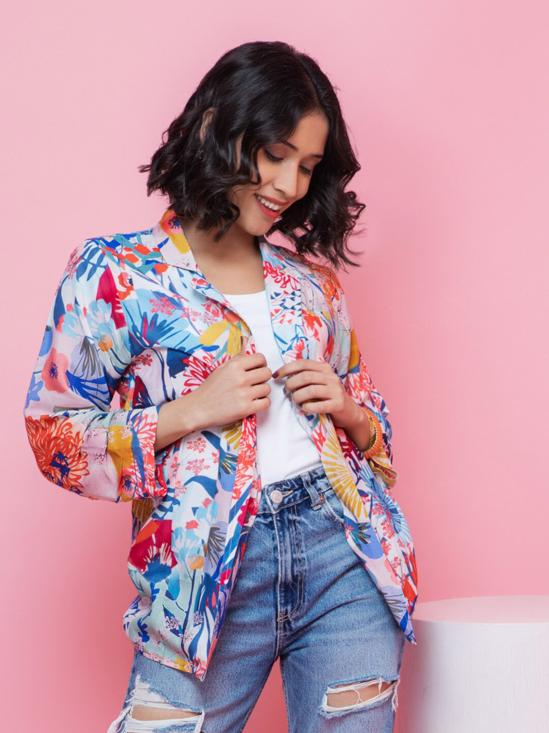 Buy Rhe Ana Floral Printed Lapel Collar Open Front Jacket - Jackets for ...