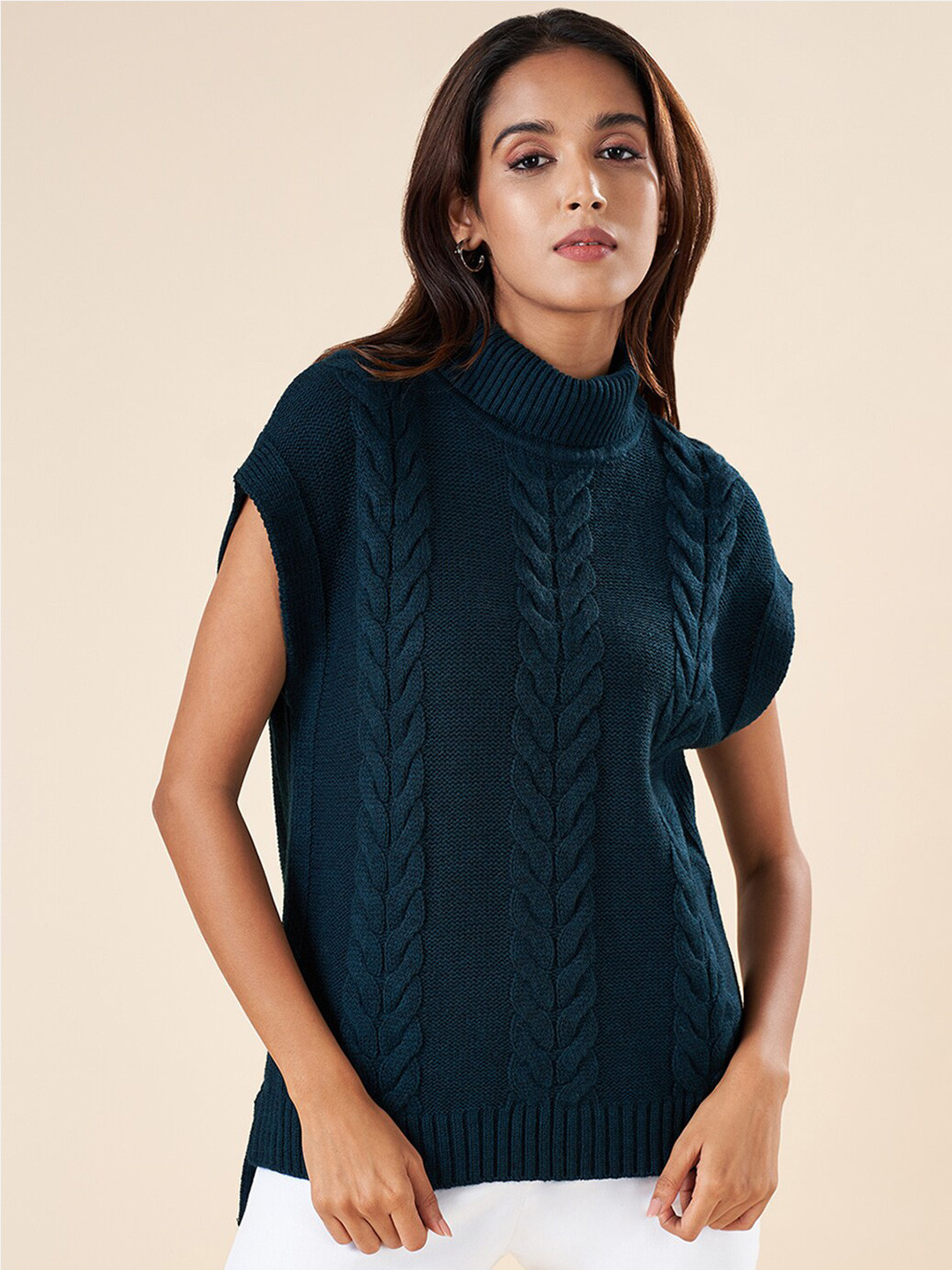 Buy AKKRITI BY PANTALOONS Cable Knit Turtle Neck Short Sleeves Acrylic ...