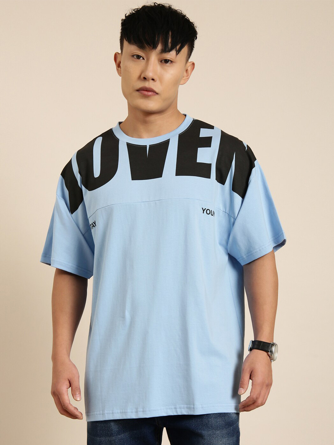 Buy Joven Boxy Fit Typography Printed Round Neck Pure Cotton T Shirt ...