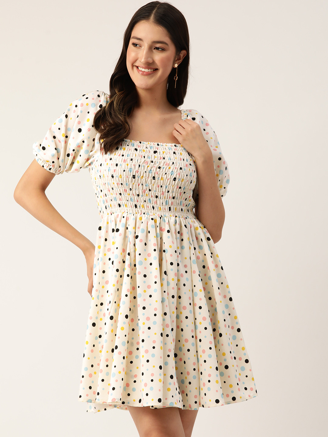Buy Rue Collection Print Puff Sleeve Crepe Smocked Fit & Flare Dress ...