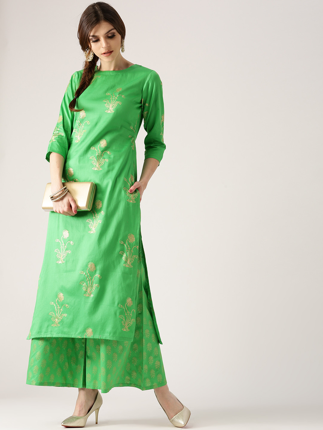 Buy Libas Women Green Printed Kurta With Palazzos - Kurta Sets for ...