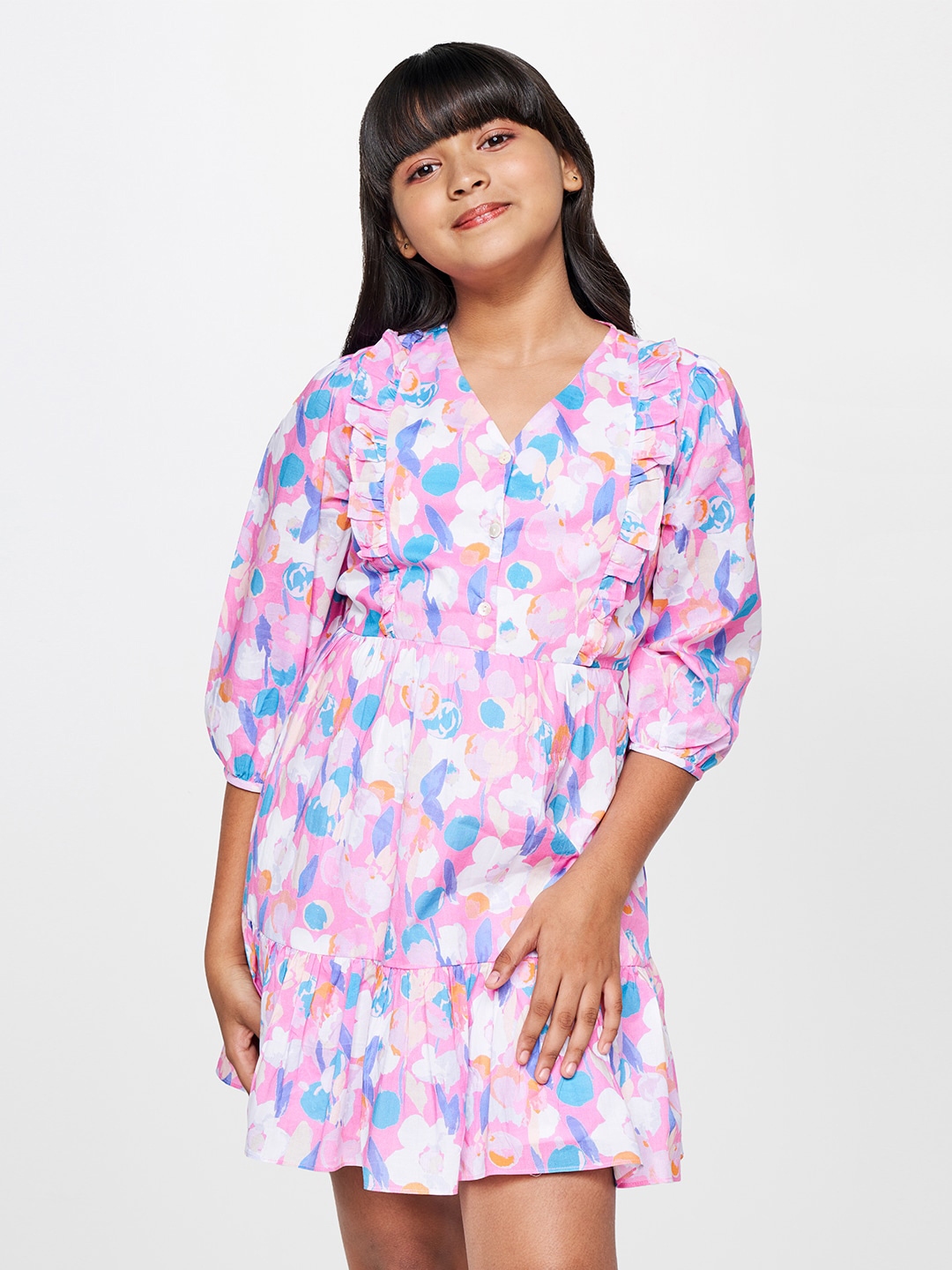 Buy And Floral Printed V Neck Puff Sleeve Ruffles Detail Cotton Fit