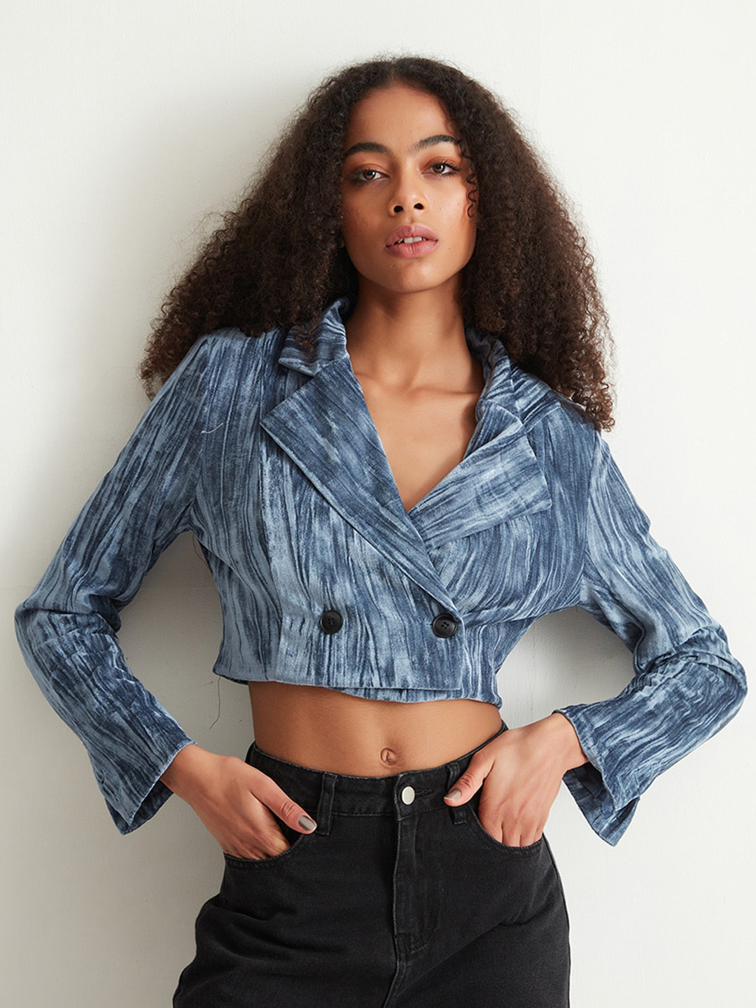 Buy COVER STORY Blue Abstract Printed Double Breasted Crop Blazer ...