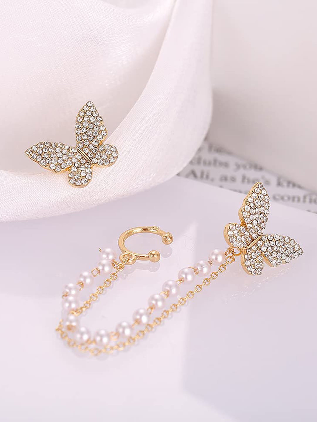 Buy FIMBUL Gold Plated Butterfly Stone Studded Beaded Chain Ear Cuffs - Earrings for Women ...