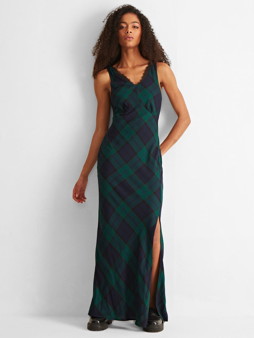 Buy Cover Story Green And Navy Blue Checked V Neck Sleeveless Maxi Dress