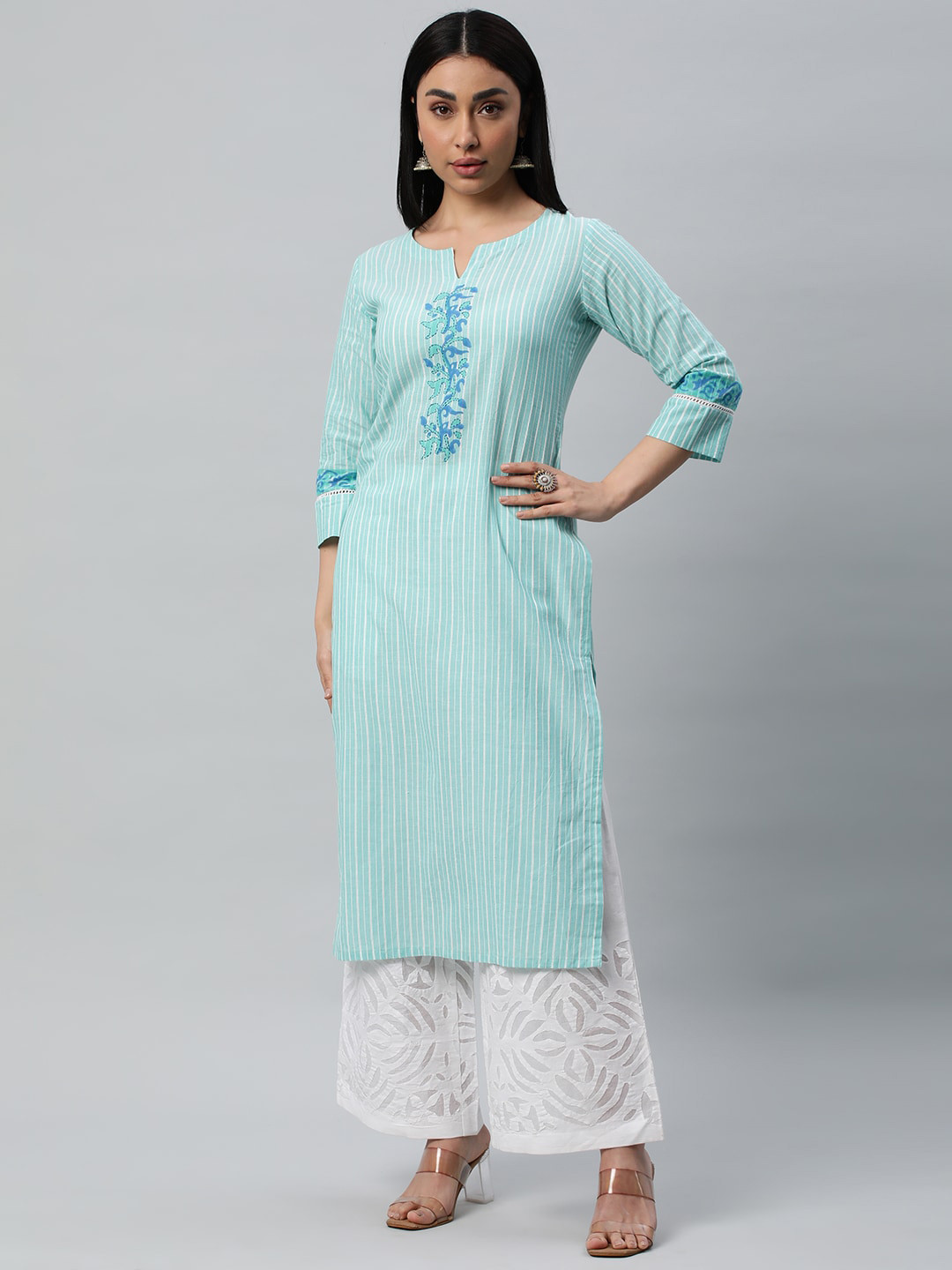 Buy KAMI KUBI Floral Embroidered Round Neck Cotton Straight Kurta ...