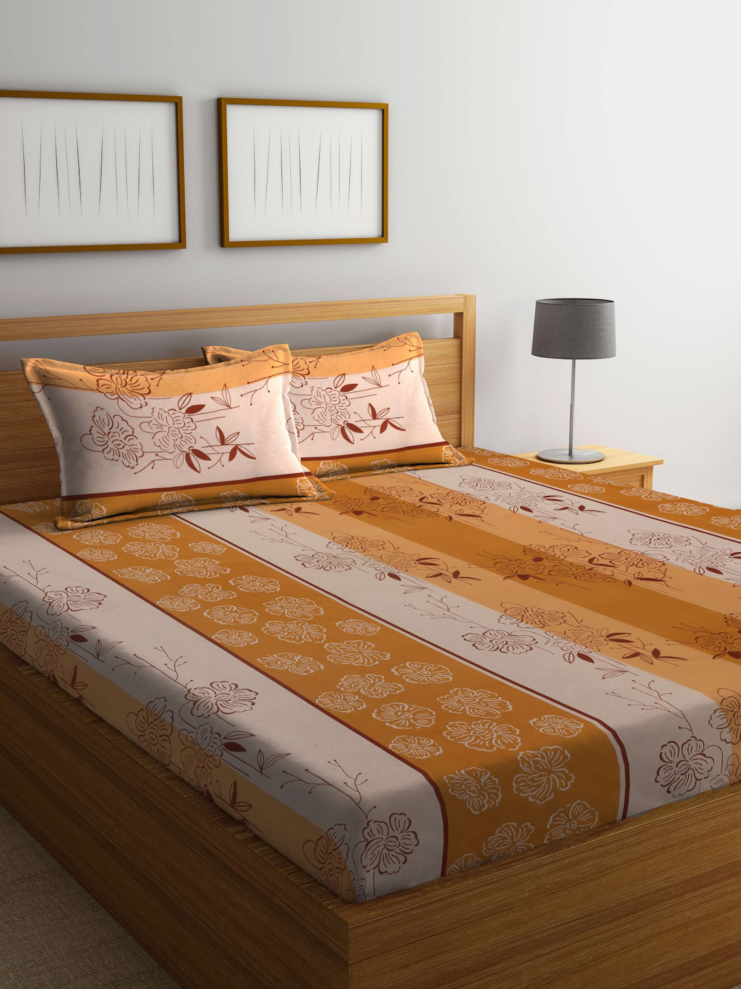 Buy BOMBAY DYEING Beige & Yellow Printed Cotton 104 TC King Bedsheet ...