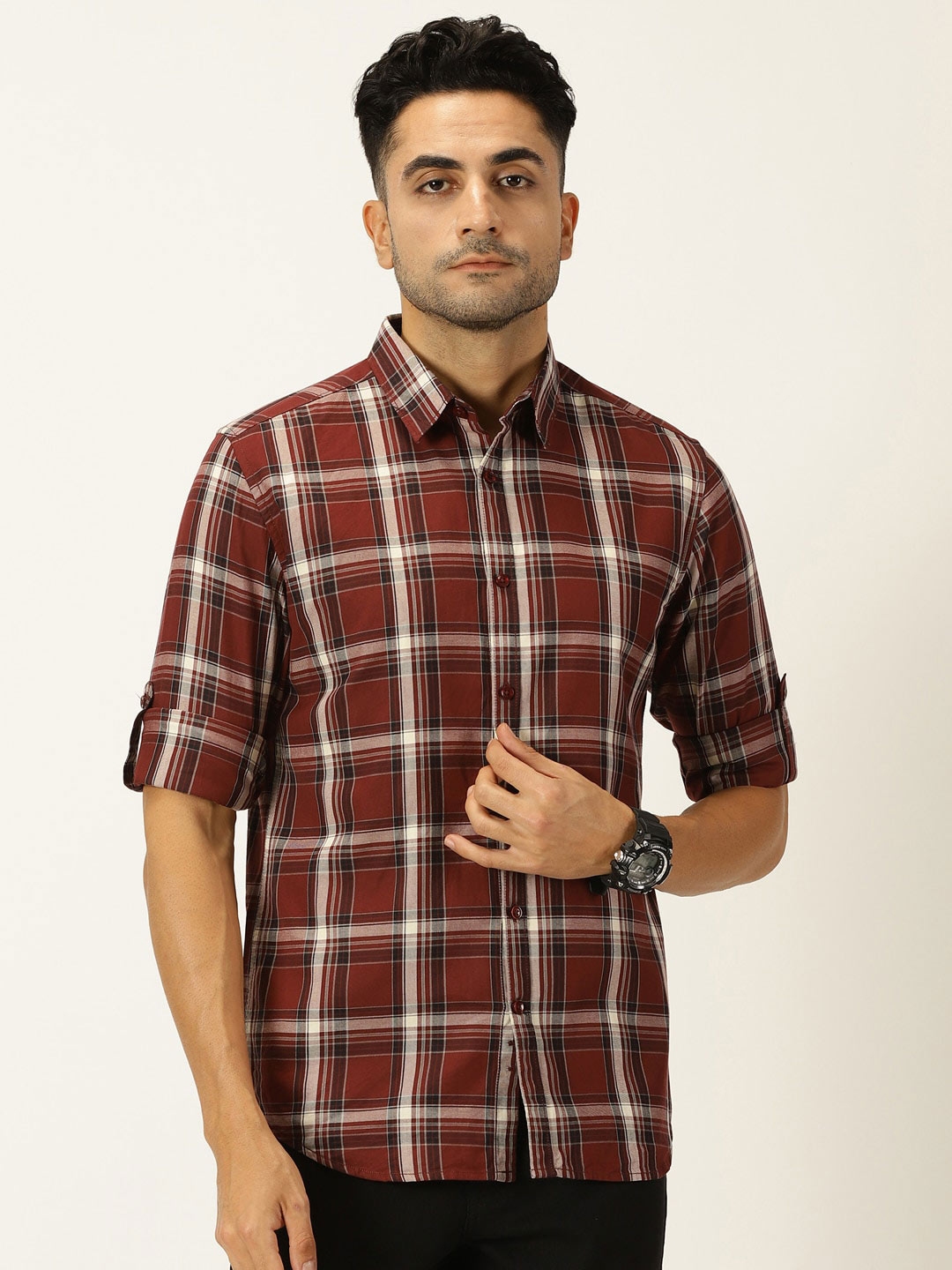 Buy Harvard Classic Slim Fit Tartan Checked Opaque Pure Cotton Casual