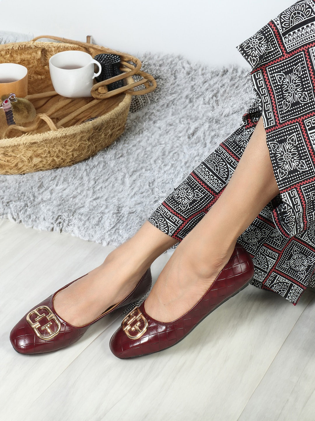 Buy ELLE Square Toe Textured Embellished Ballerinas - Ballerinas for ...