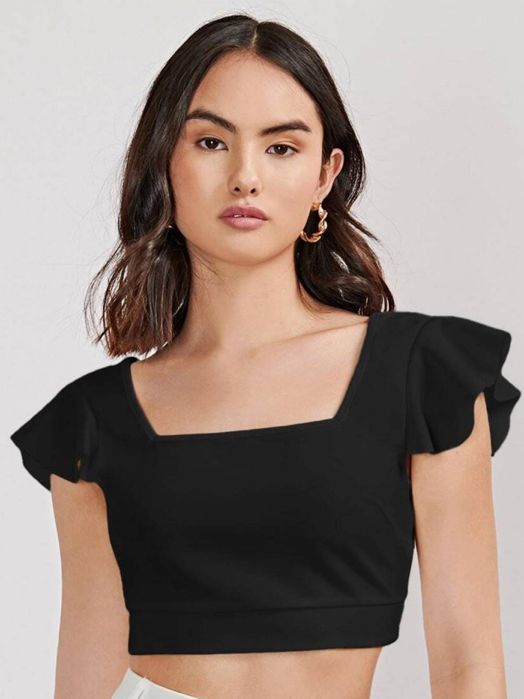 Buy BLACK SCISSOR Black Flutter Sleeve Cotton Crop Top - Tops for Women ...
