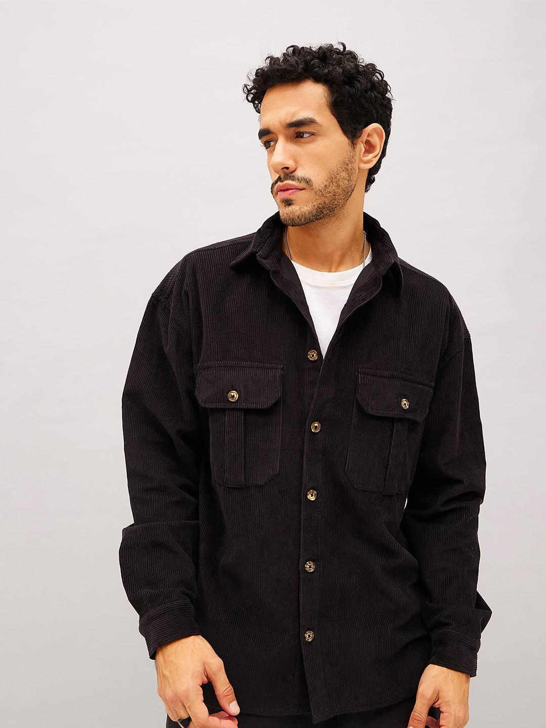 Buy MASCLN SASSAFRAS Black Relaxed Corduroy Oversized Casual Shacket ...