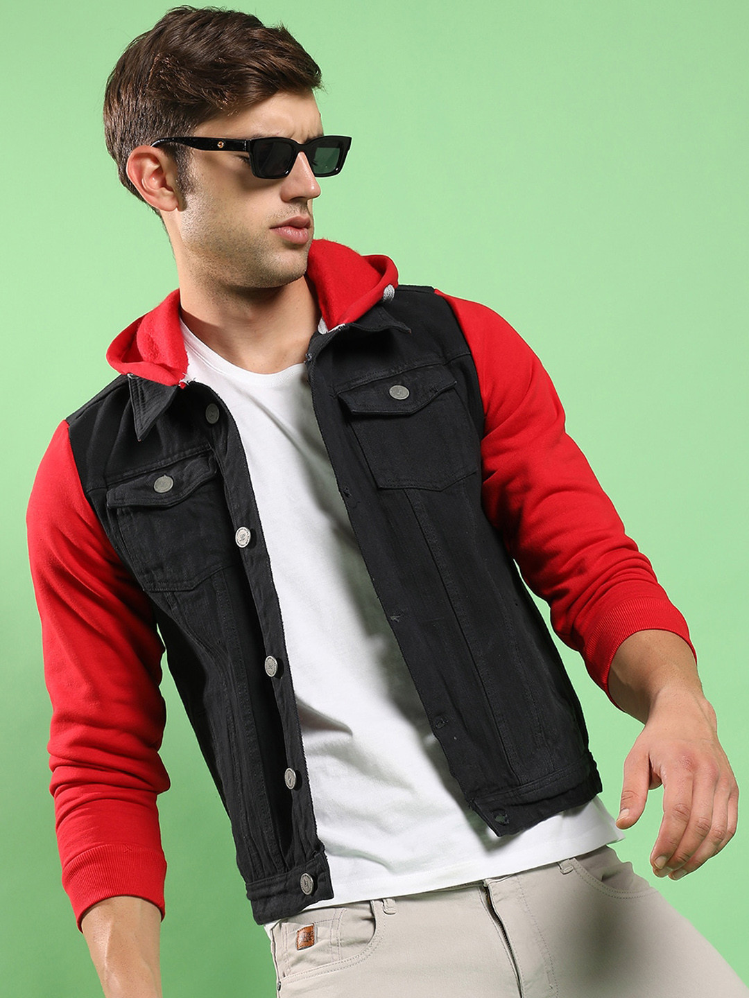 Buy Campus Sutra Red & Black Hooded Windcheater Cotton Denim Jacket ...